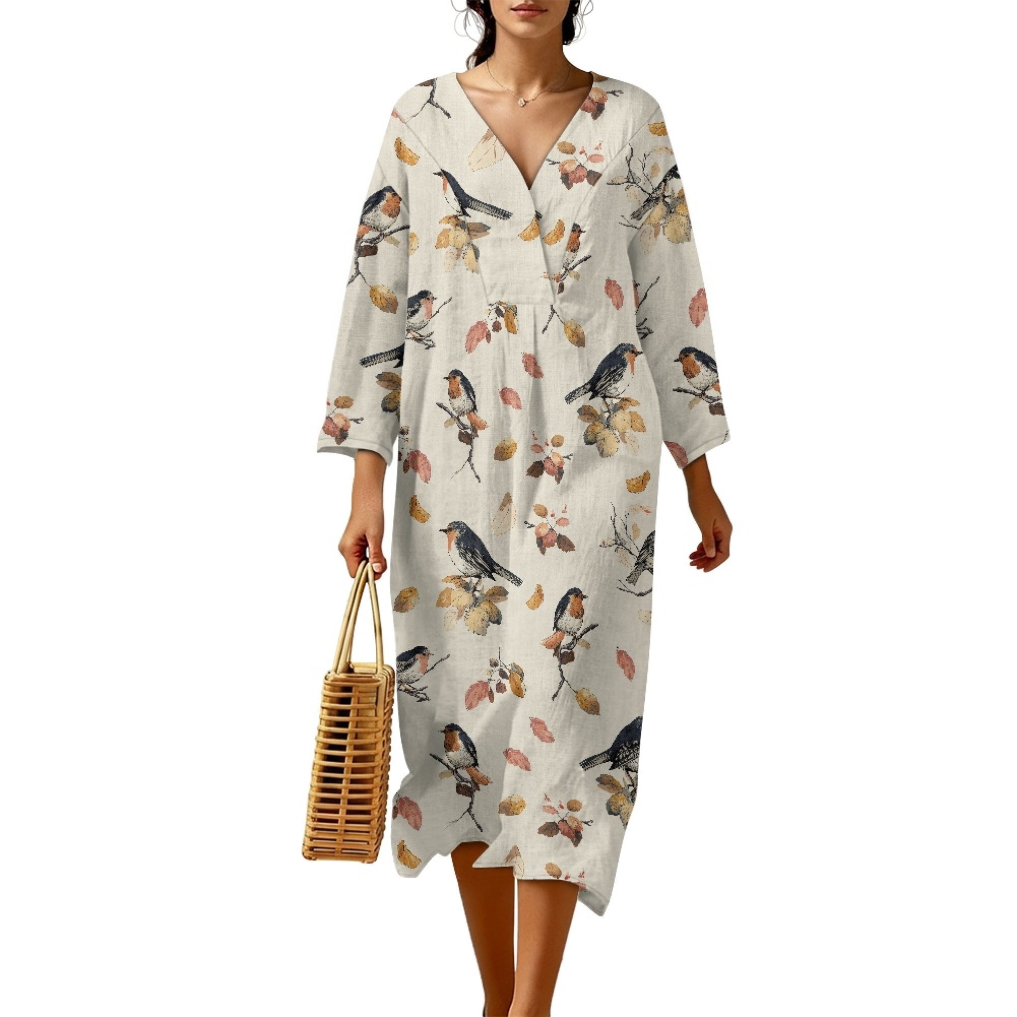 DISNIMO Bird Flower Print Women's Casual Dress V-Neck Loose Maxi ...