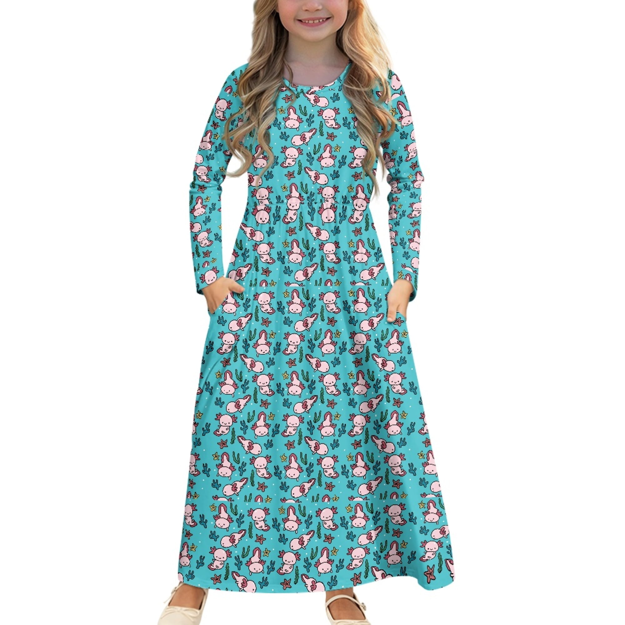 DISNIMO Blue Axolotl Dress Girls Long Sleeve Dresses Size 7-8 Dresses for Kids Long Swing Dress ...