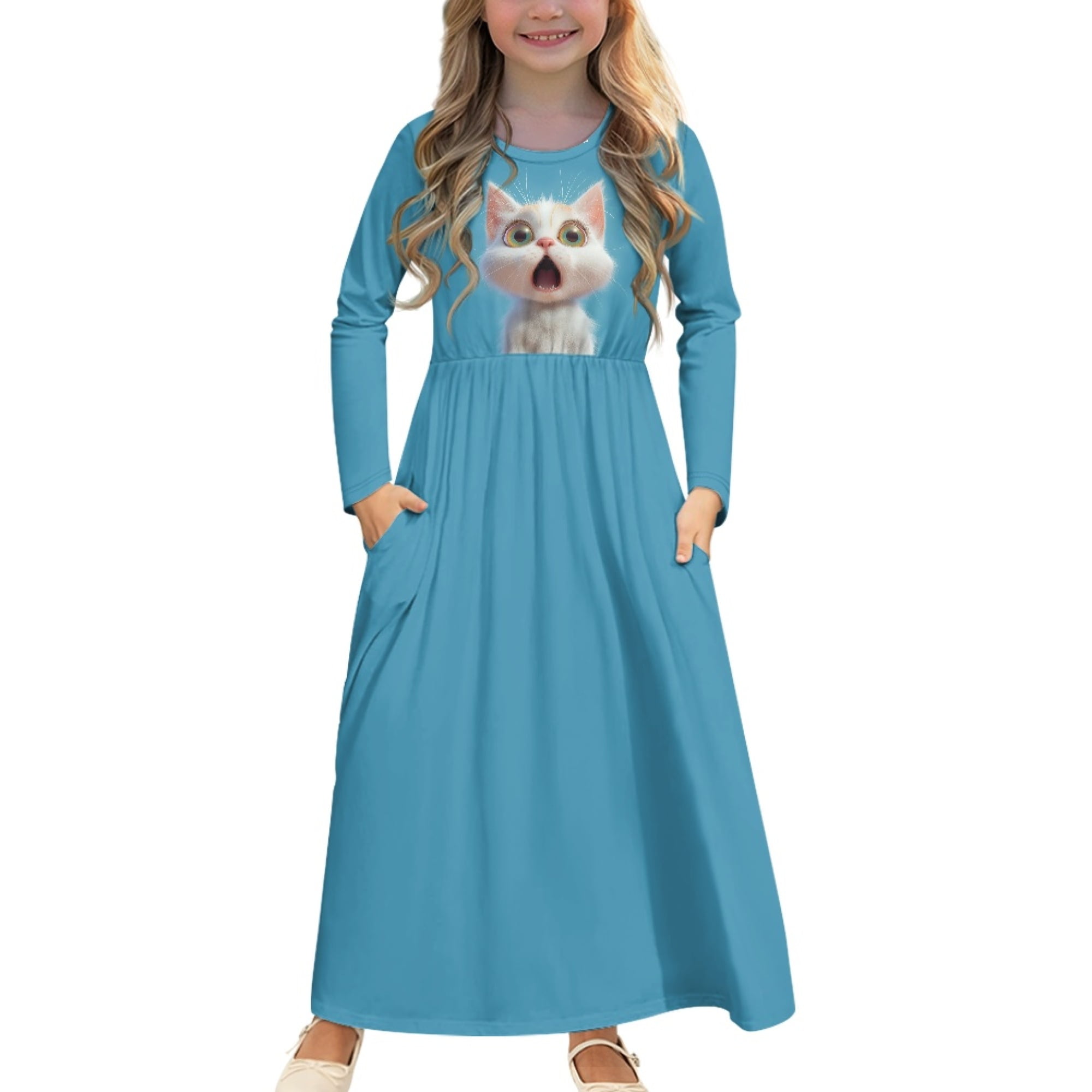DISNIMO Blue Cat Kids Dresses 9-10 Years Old Long Sleeve Girls Dress ...