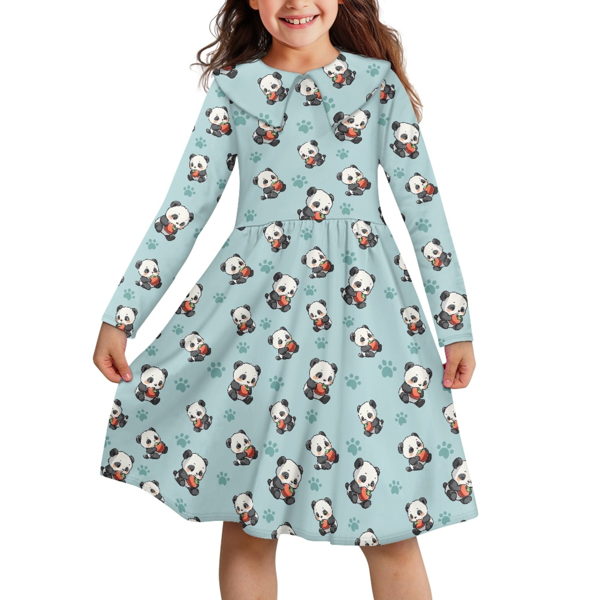 DISNIMO Blue Panda Paw Print Dress for Kids Dress for Girls Collared Long Sleeve Dress for Girls ...
