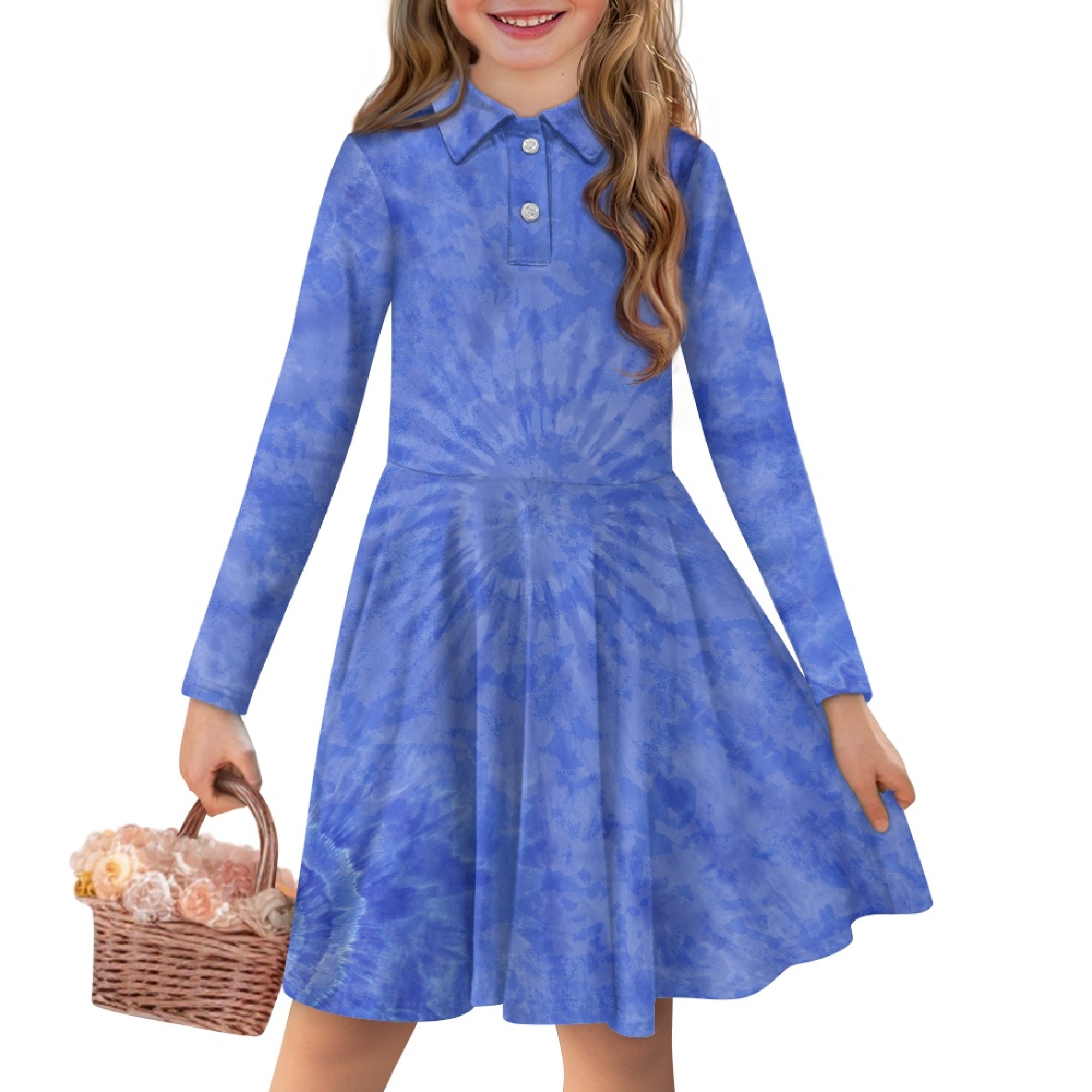 DISNIMO Blue Tie Dye Dress for Girls Age 7-8 Year Old Girl Dresses Long Sleeve Collared Dress ...