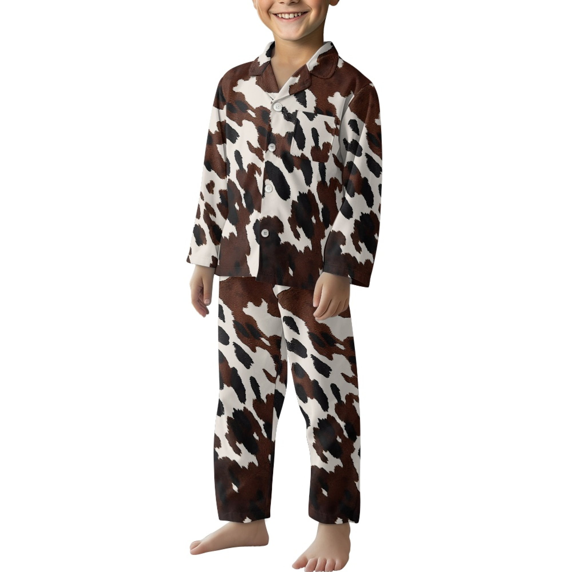 DISNIMO Brown Cow Print Pajamas Kids Long Sleeve Button Pajamas for ...
