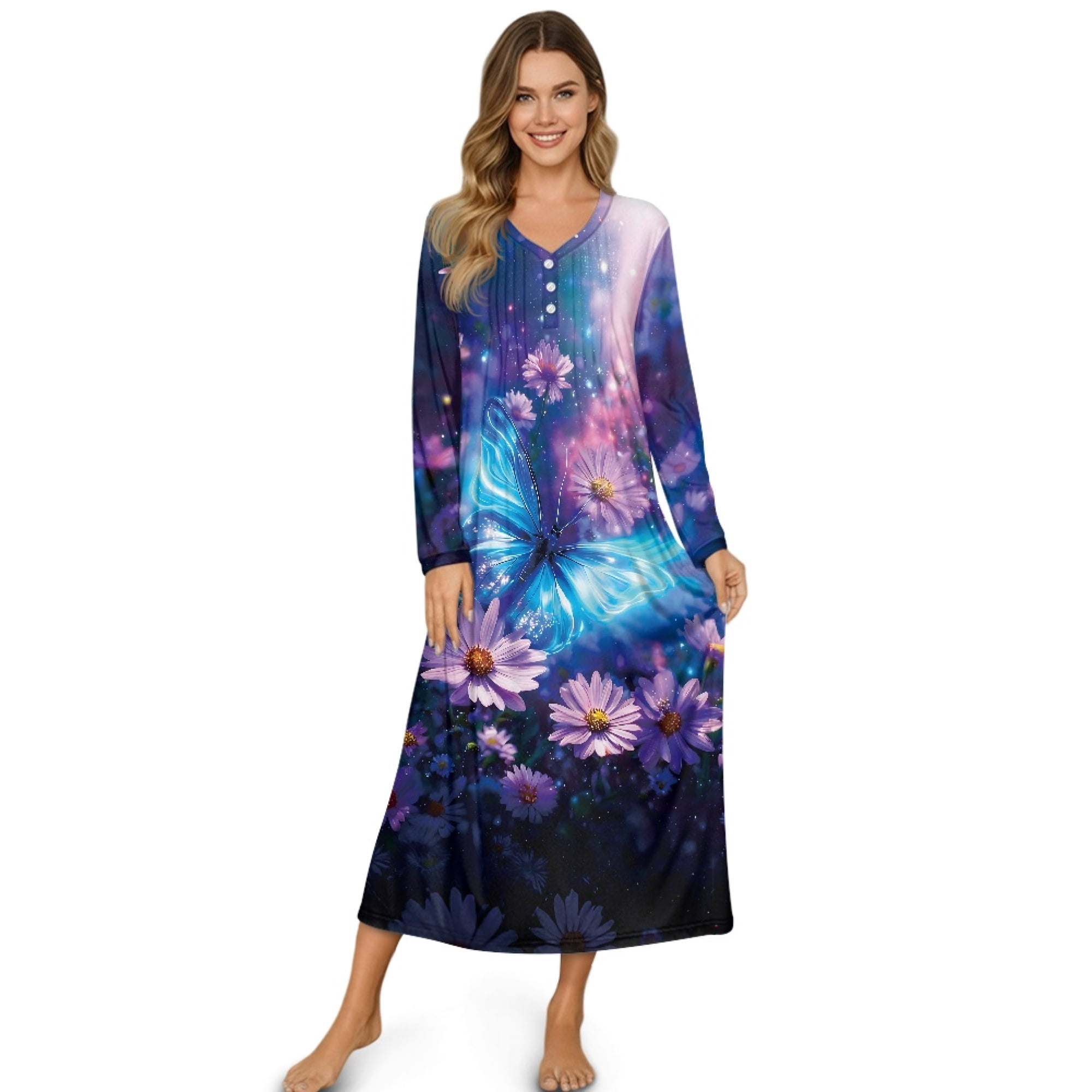 DISNIMO Butterfly Daisy Print Nightgown for Women Full Length Sleepwear ...