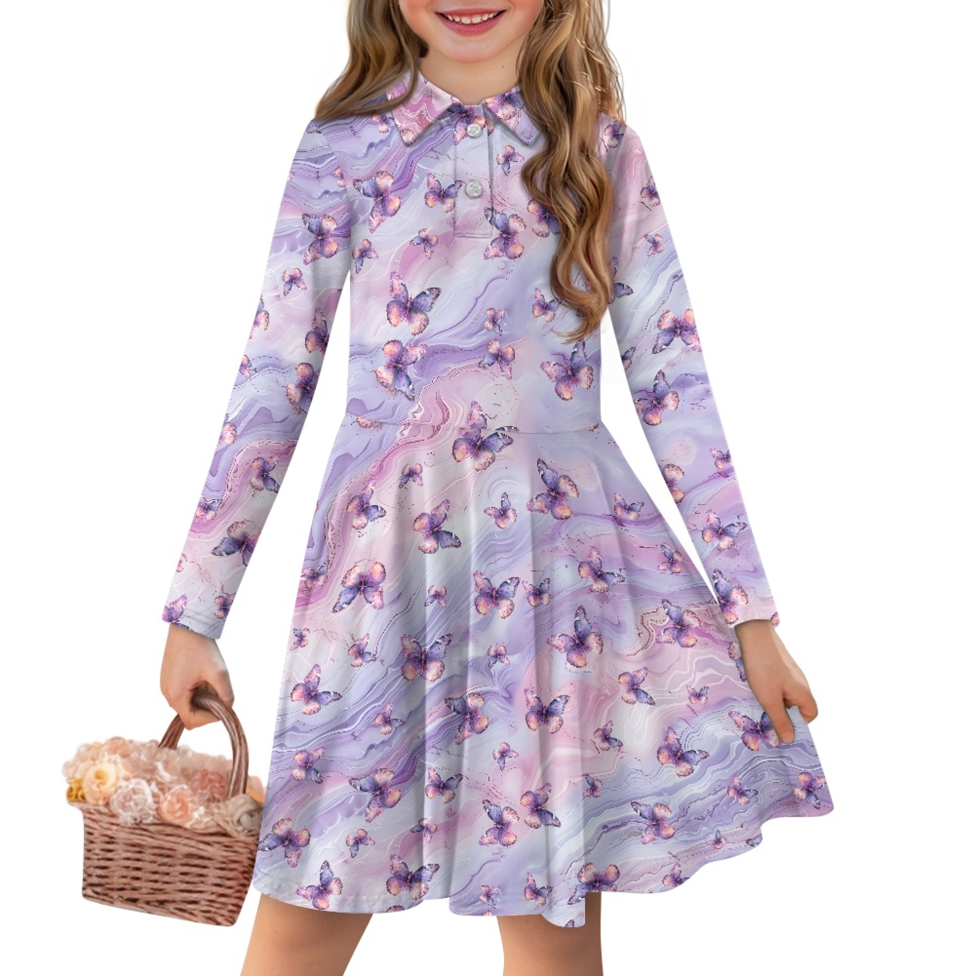 DISNIMO Butterfly Dress for Girls Marble Dress Long Sleeve Kids Girls Above Knee Dress for Kids ...