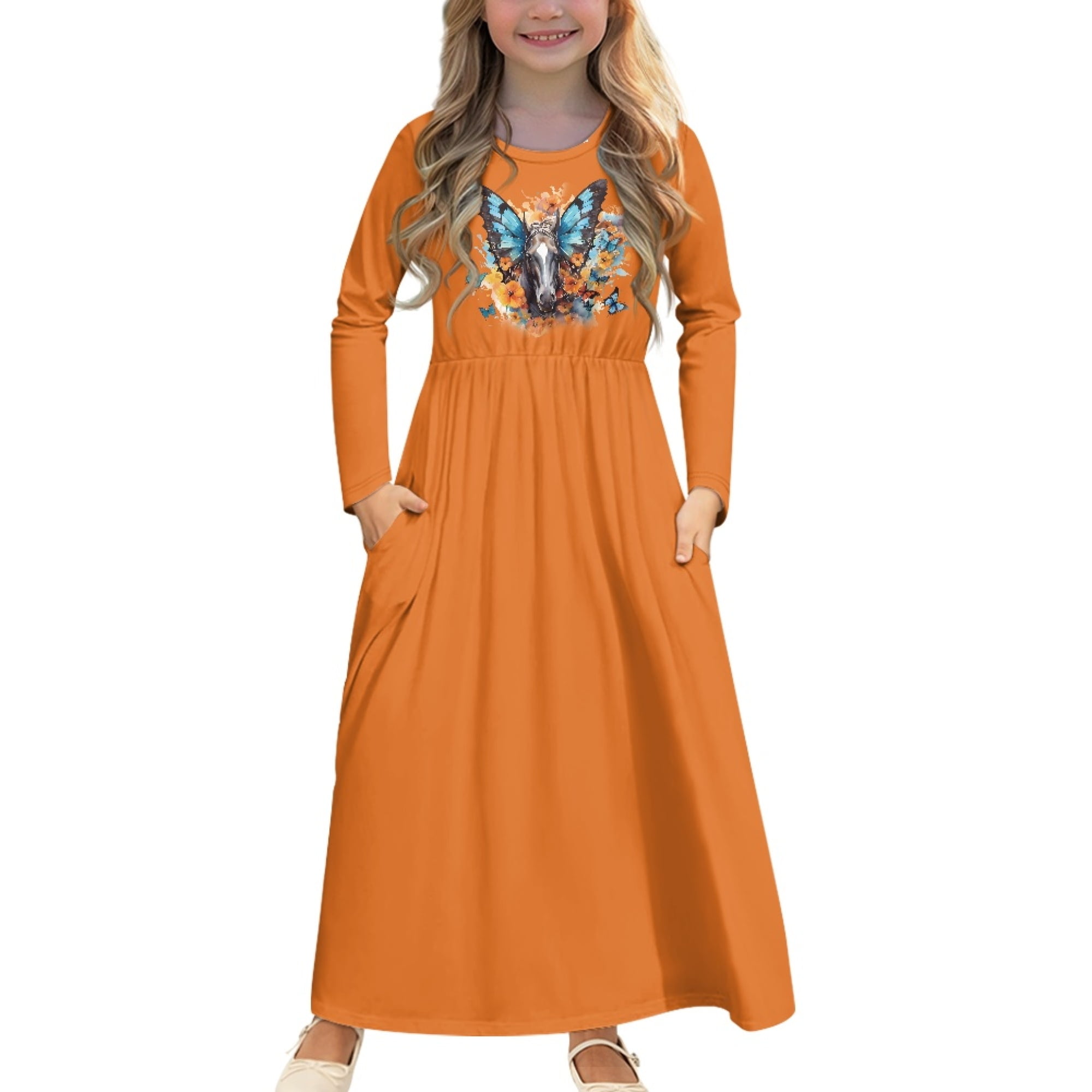 DISNIMO Butterfly Horse Girls Dresses Long Sleeve Dress for Girls 5-6 Dress with Sleeves for ...