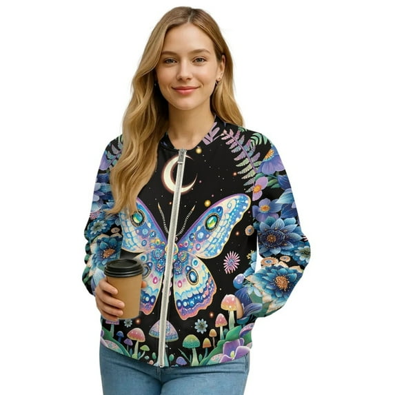 DISNIMO Butterfly Moon Printed Jackets for Women Zip Up Sweatshirts ...