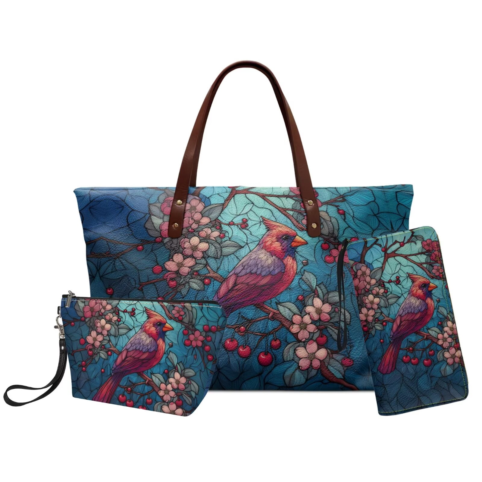 DISNIMO Cardinal Flower Print Handbag Set of 3 PU Leather Tote Bag with ...