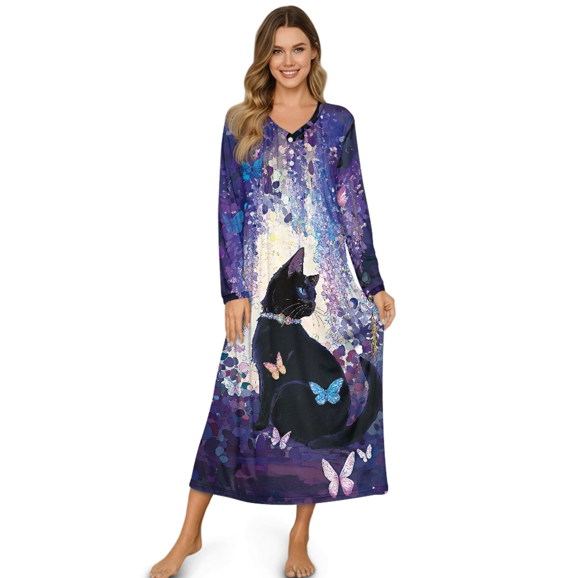 DISNIMO Cat Butterfly Printed Women's Long Sleeve Nightgown Full Length ...