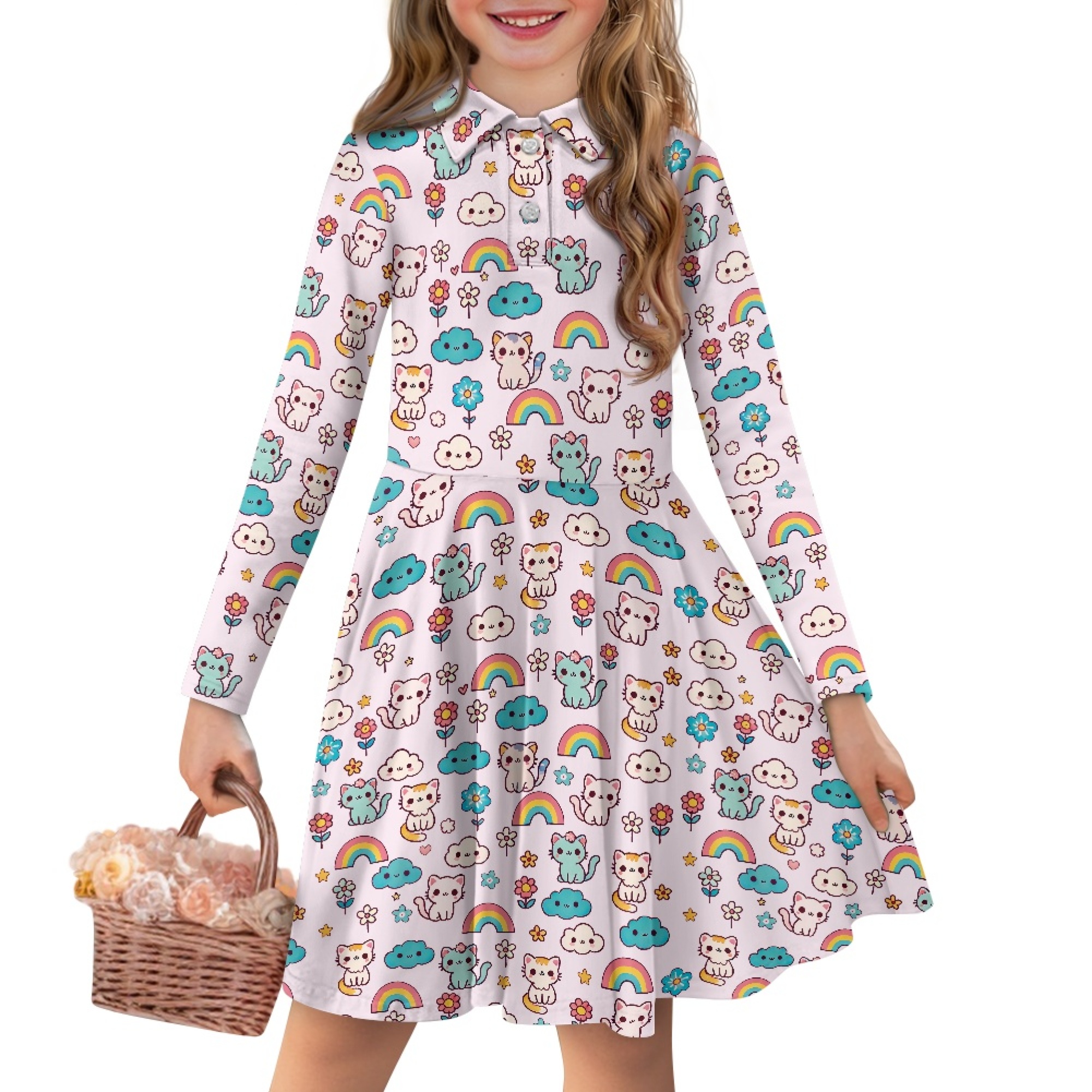 DISNIMO Cat Dress Girls Rainbow Dress Long Sleeve Flower Dress Kids Clothing Dresses with ...