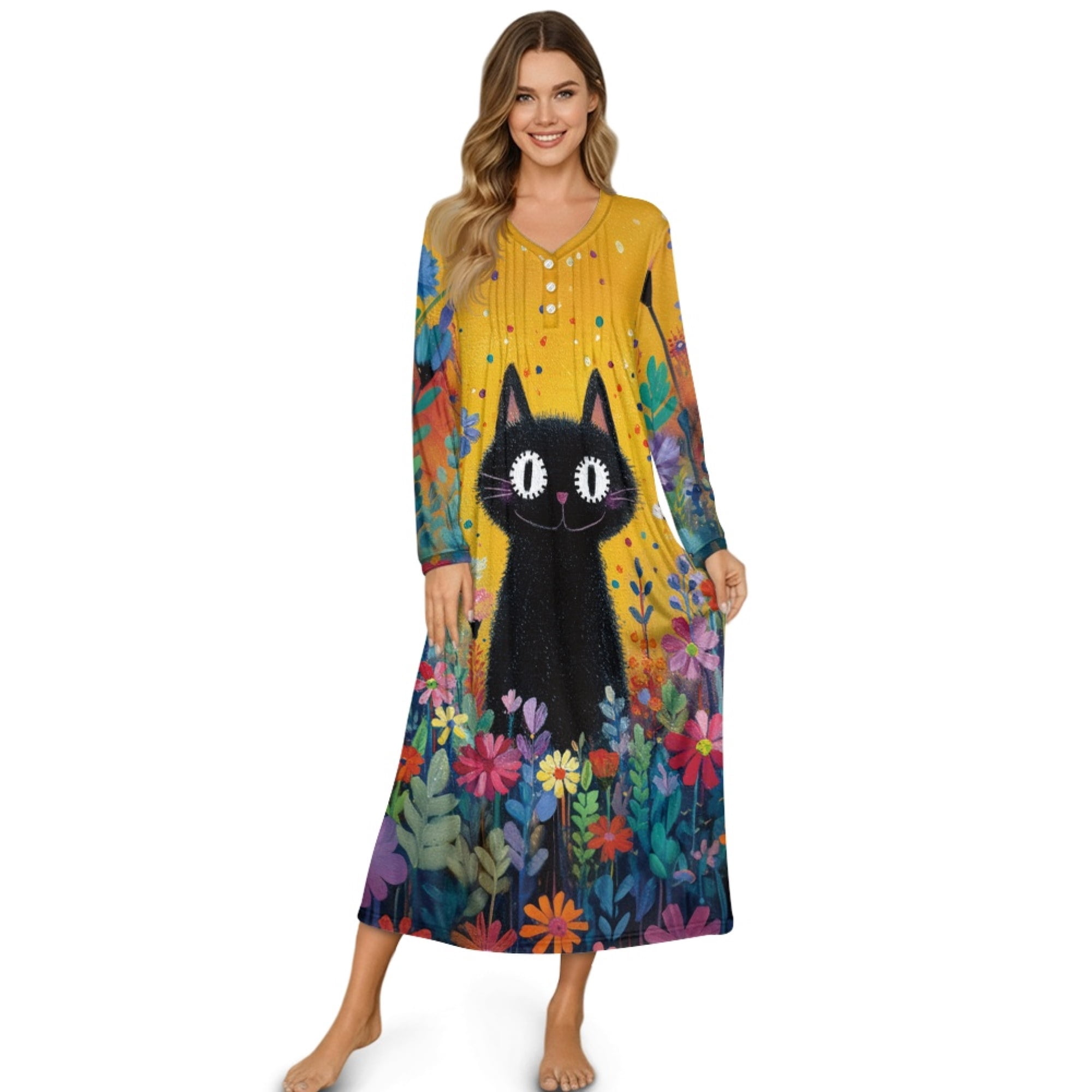 DISNIMO Cat Flower Print Women's Long Sleeve Nightgowns Full Length ...
