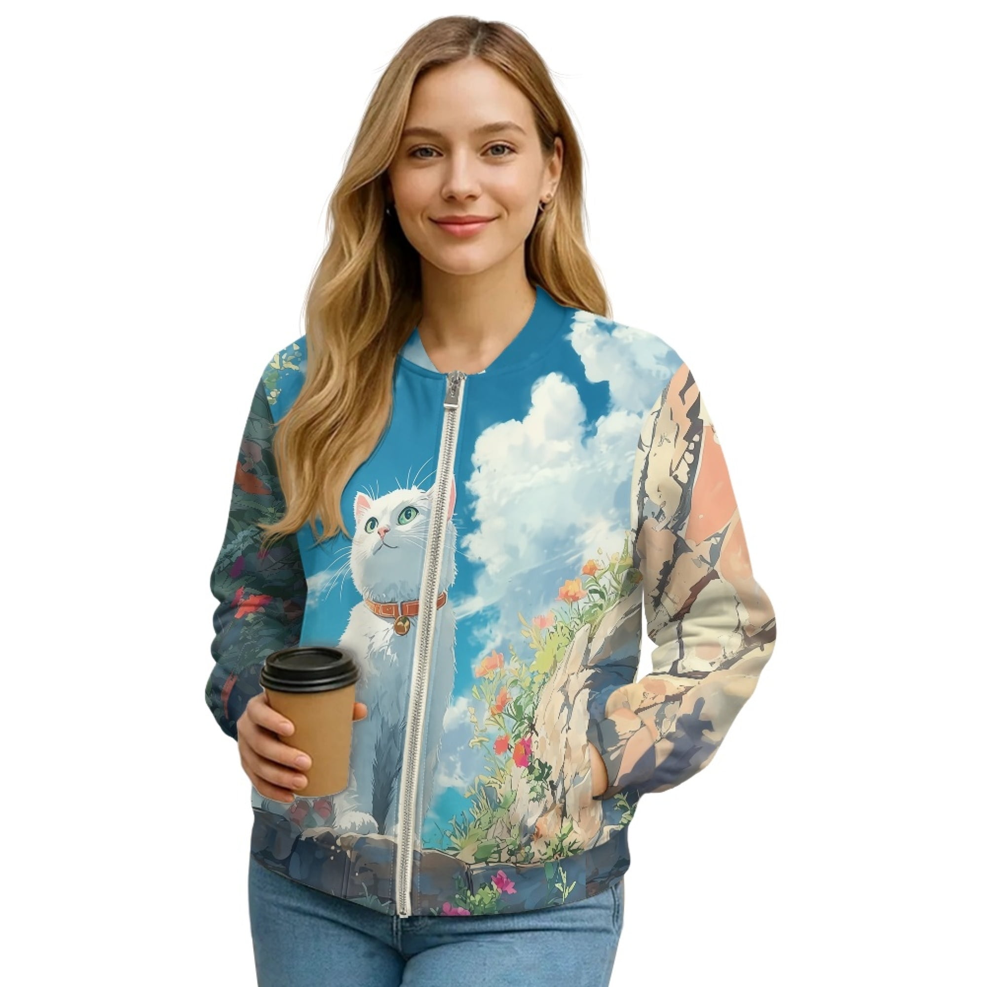 DISNIMO Cat Flower Printed Women's Zip Up Sweatshirt Long Sleeve ...