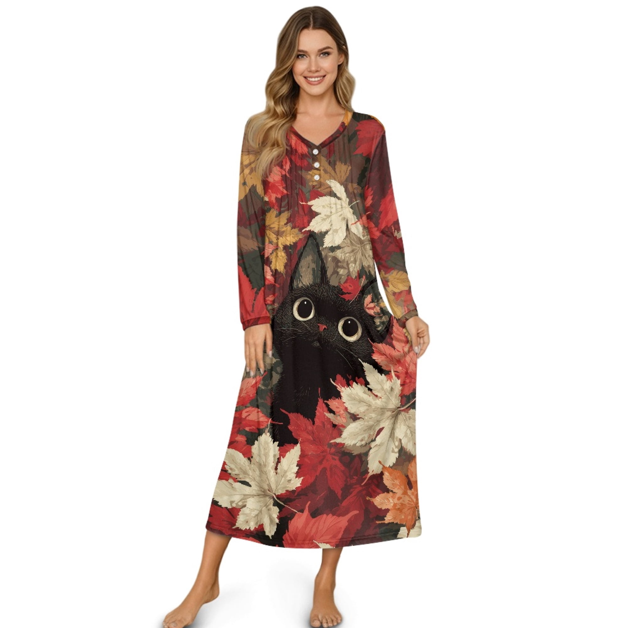 DISNIMO Cat Leaf Print Women's Nightgowns Long Sleeve Sleepwear Full ...