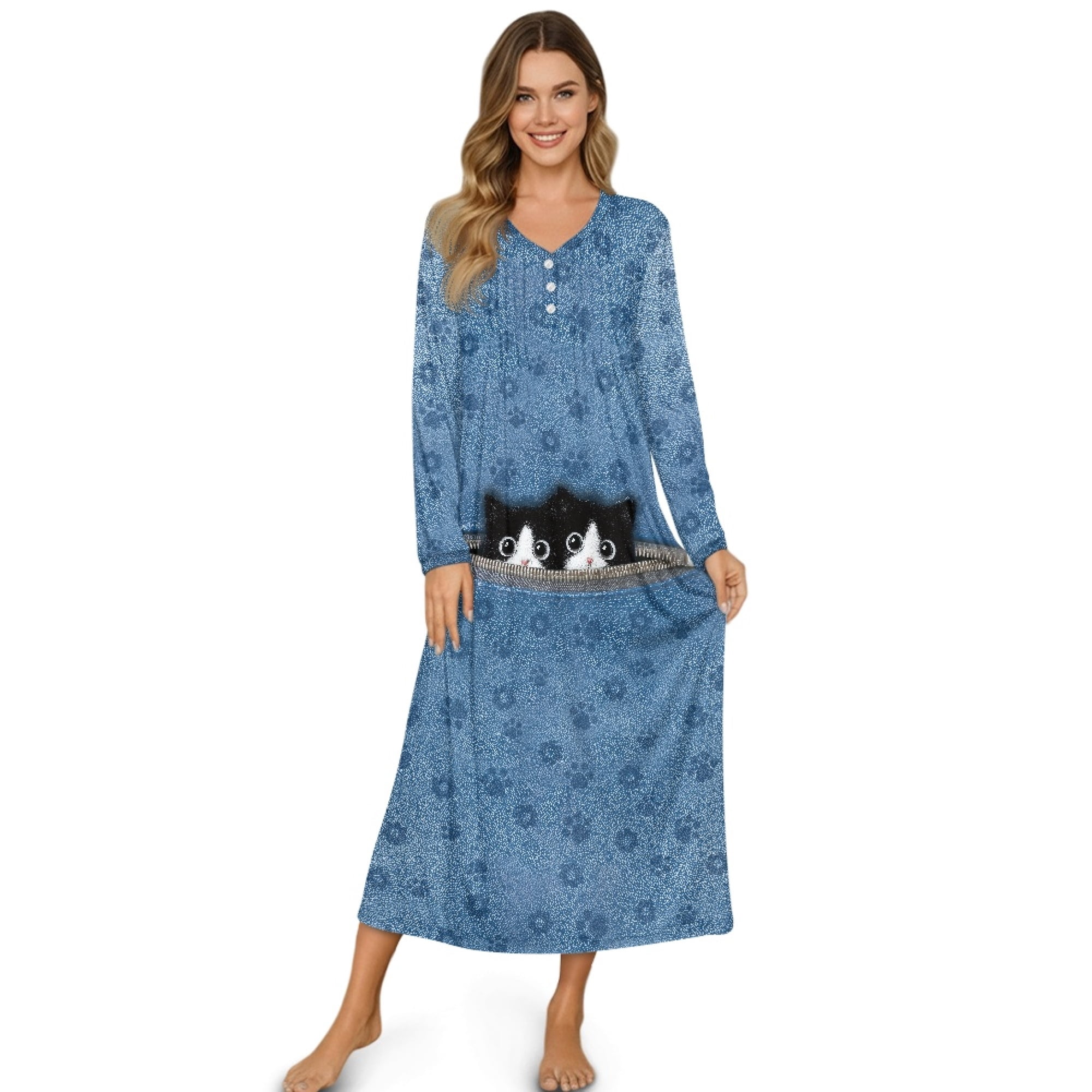 DISNIMO Cat Paw Printed Nightgowns for Women Long Sleeve Nightshirts ...