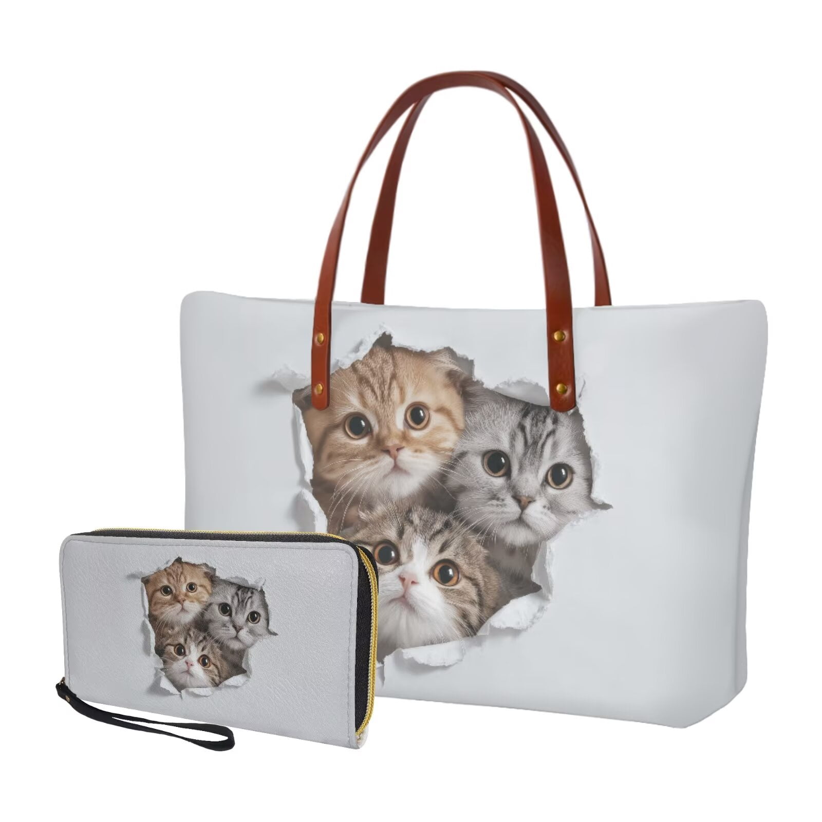 DISNIMO Cat Print Handbag Set of 2 Large Tote Bag with Matching Wallet ...