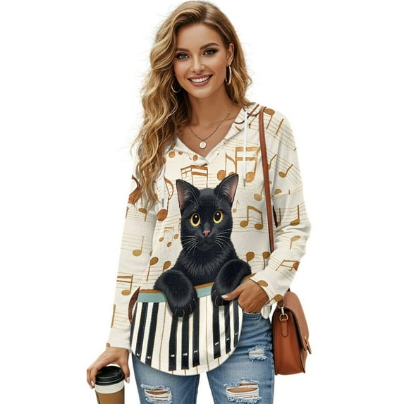 DISNIMO Cat Printed Sweatshirts for Women Musical Note Printed Waffle ...