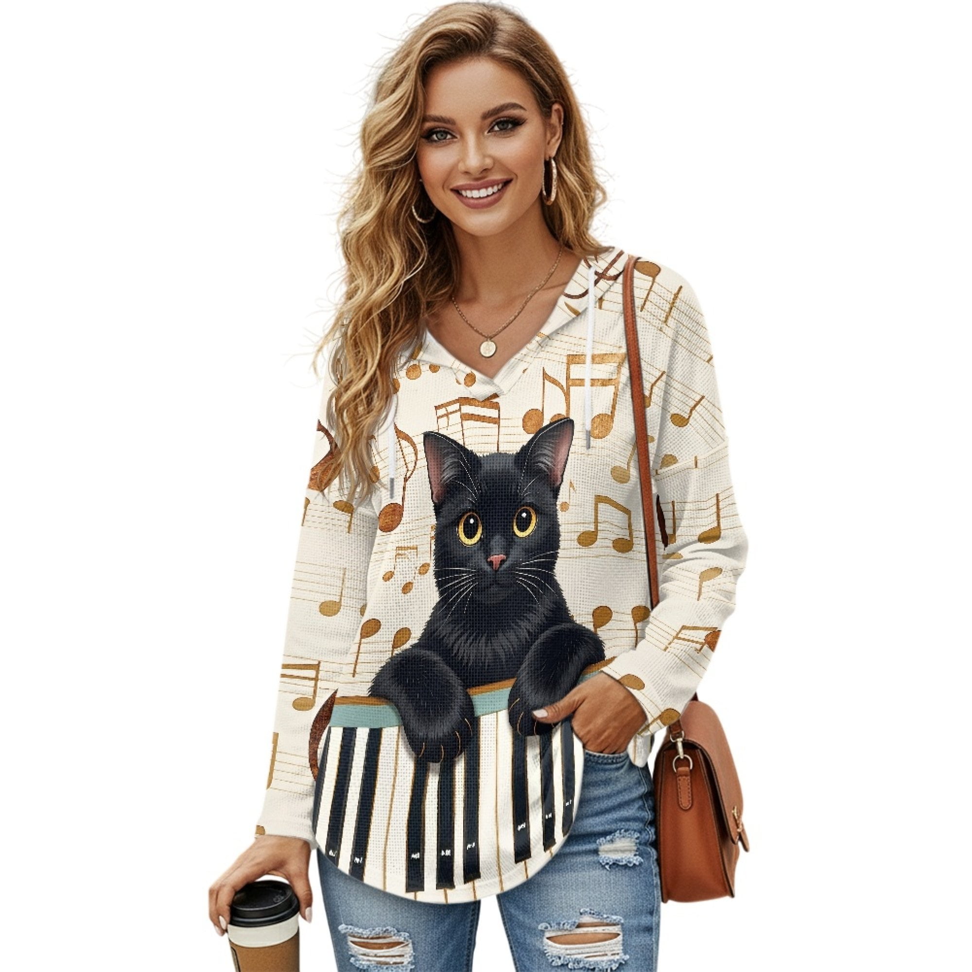 DISNIMO Cat Printed Sweatshirts for Women Musical Note Printed Waffle ...