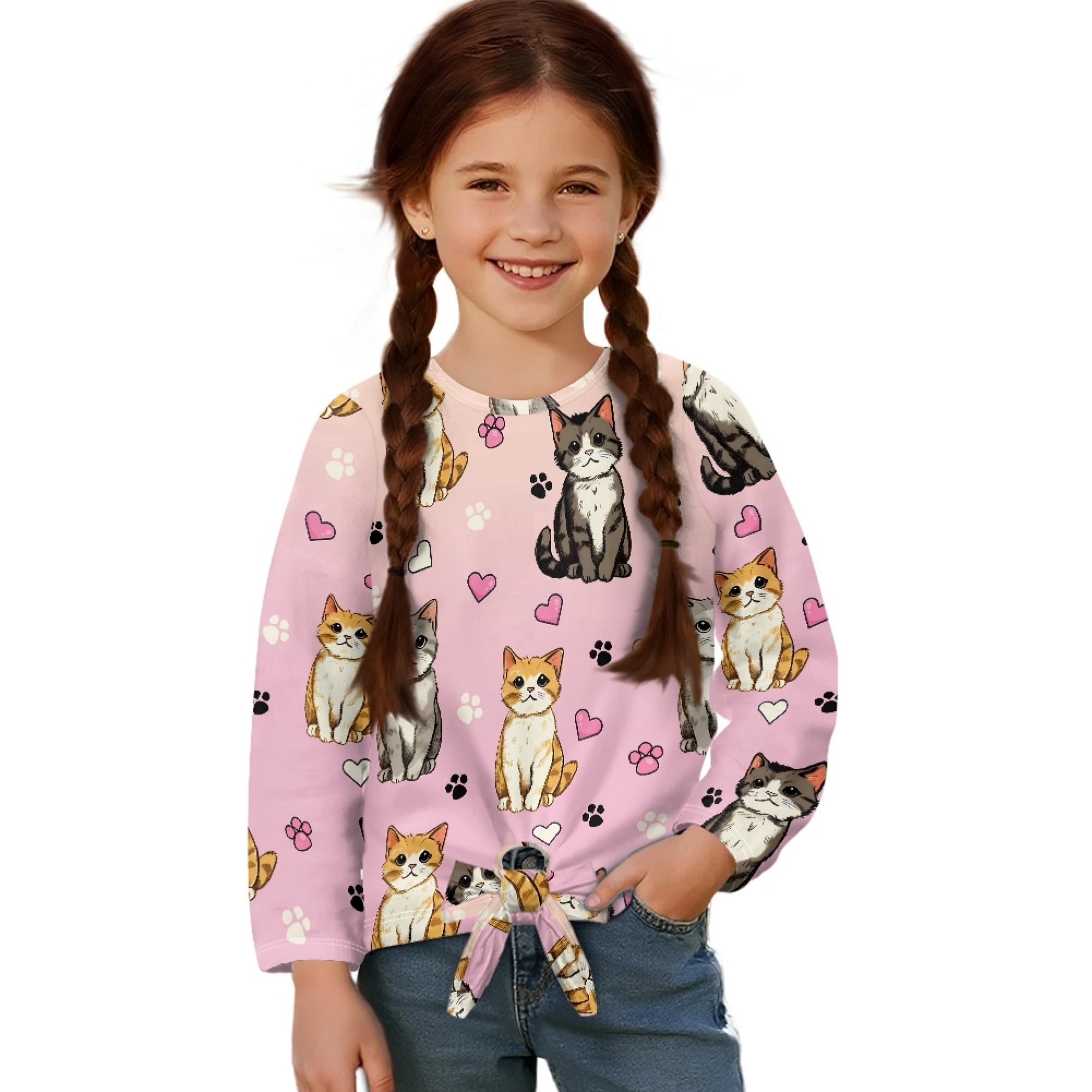 DISNIMO Cats Heart Printed Girls Lace-up Shirts Long Sleeve Blouse Tops ...