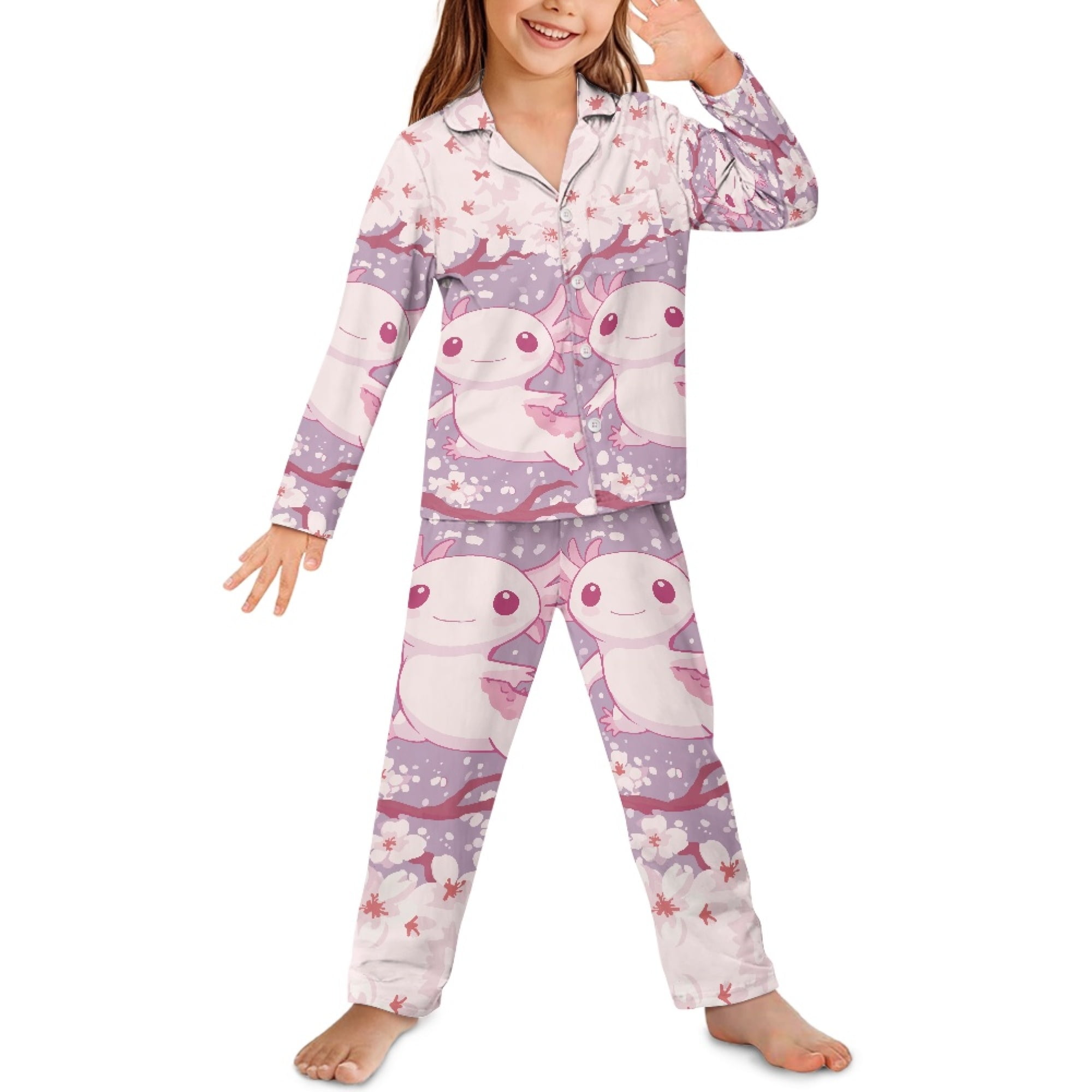 DISNIMO Cherry Blossom Axolotl Pjs for Girls Button Pajama Set for Kids ...