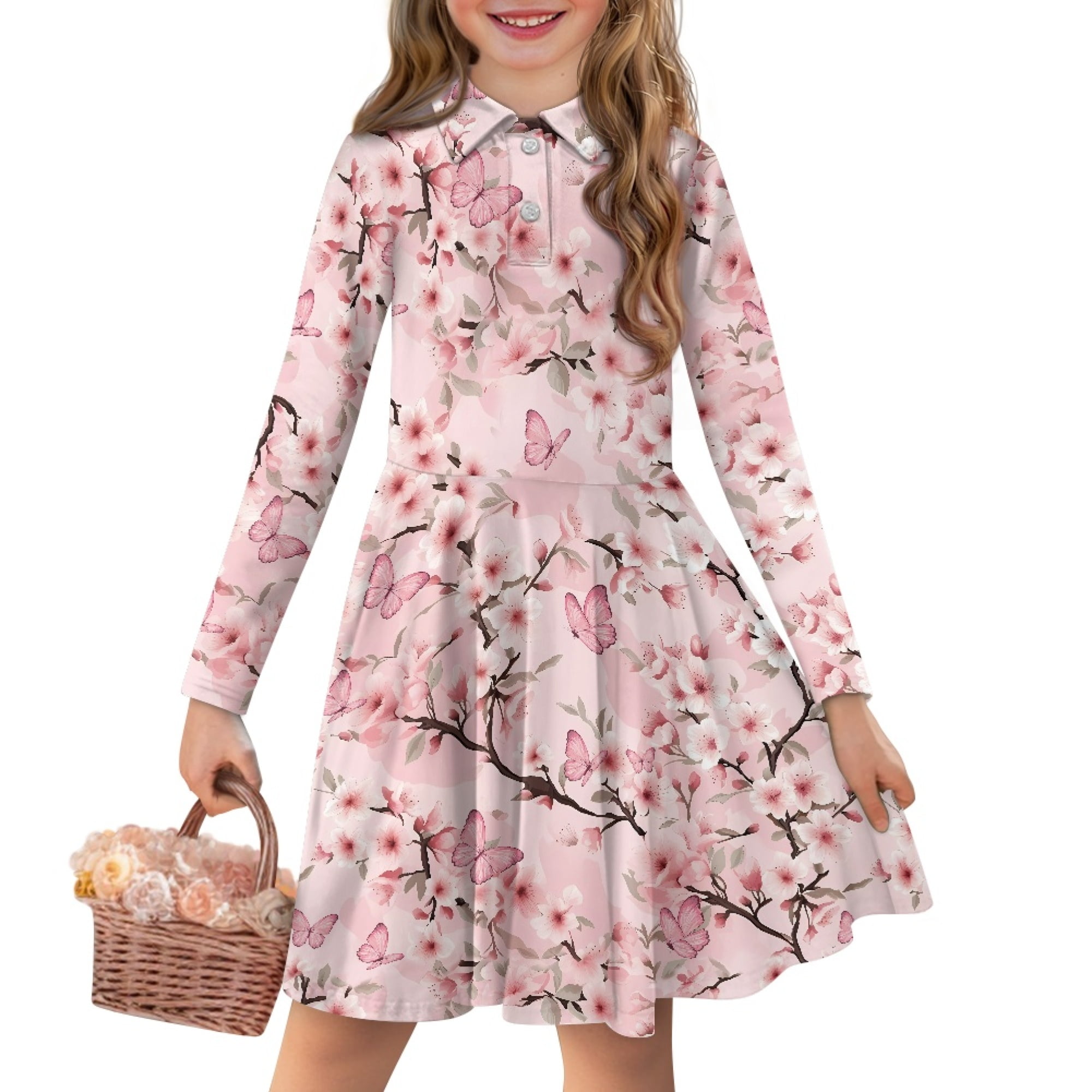 DISNIMO Cherry Blossom Butterfly Dress Girls 3-4Years Old Kids Twirl Dress Girl Long Sleeve Midi ...