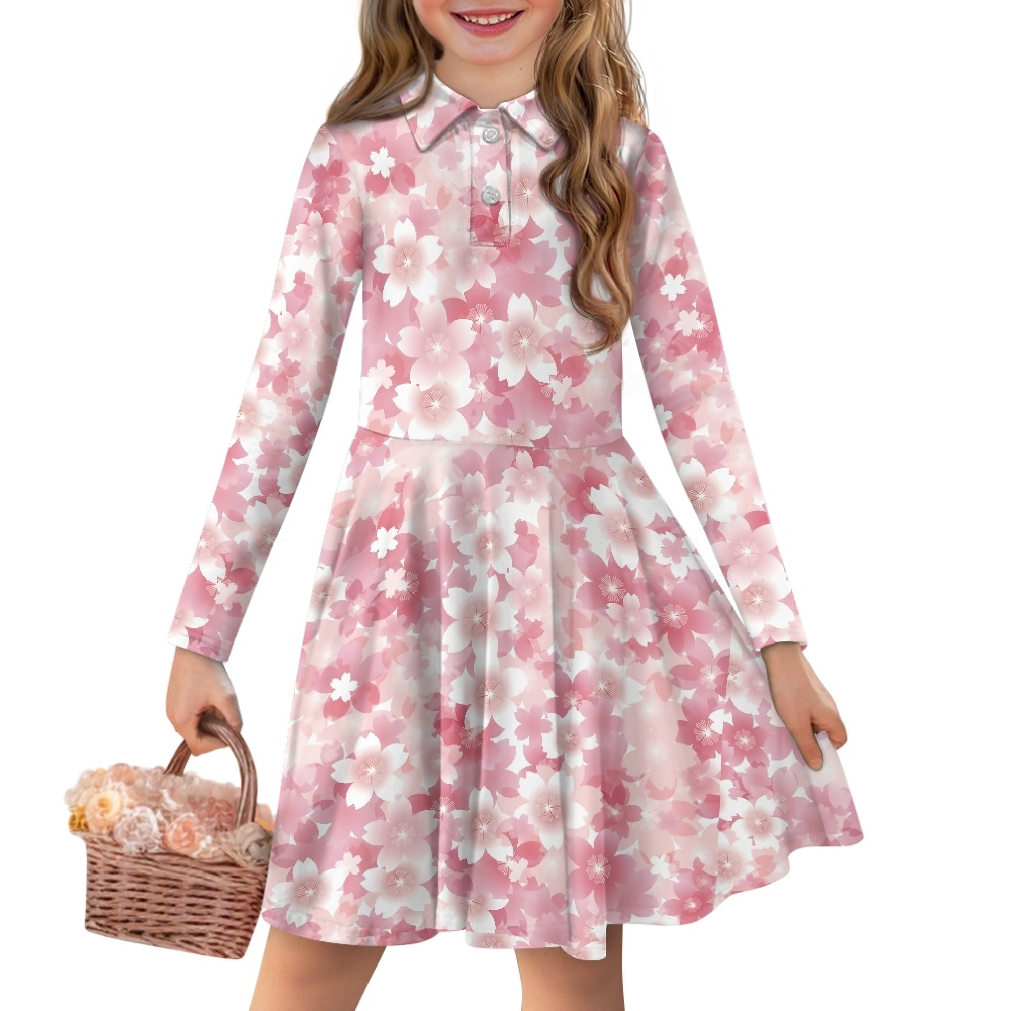 DISNIMO Cherry Blossom Dress for Girls Dresses Girls Midi Dress Kids Long Sleeve Skater Dress ...