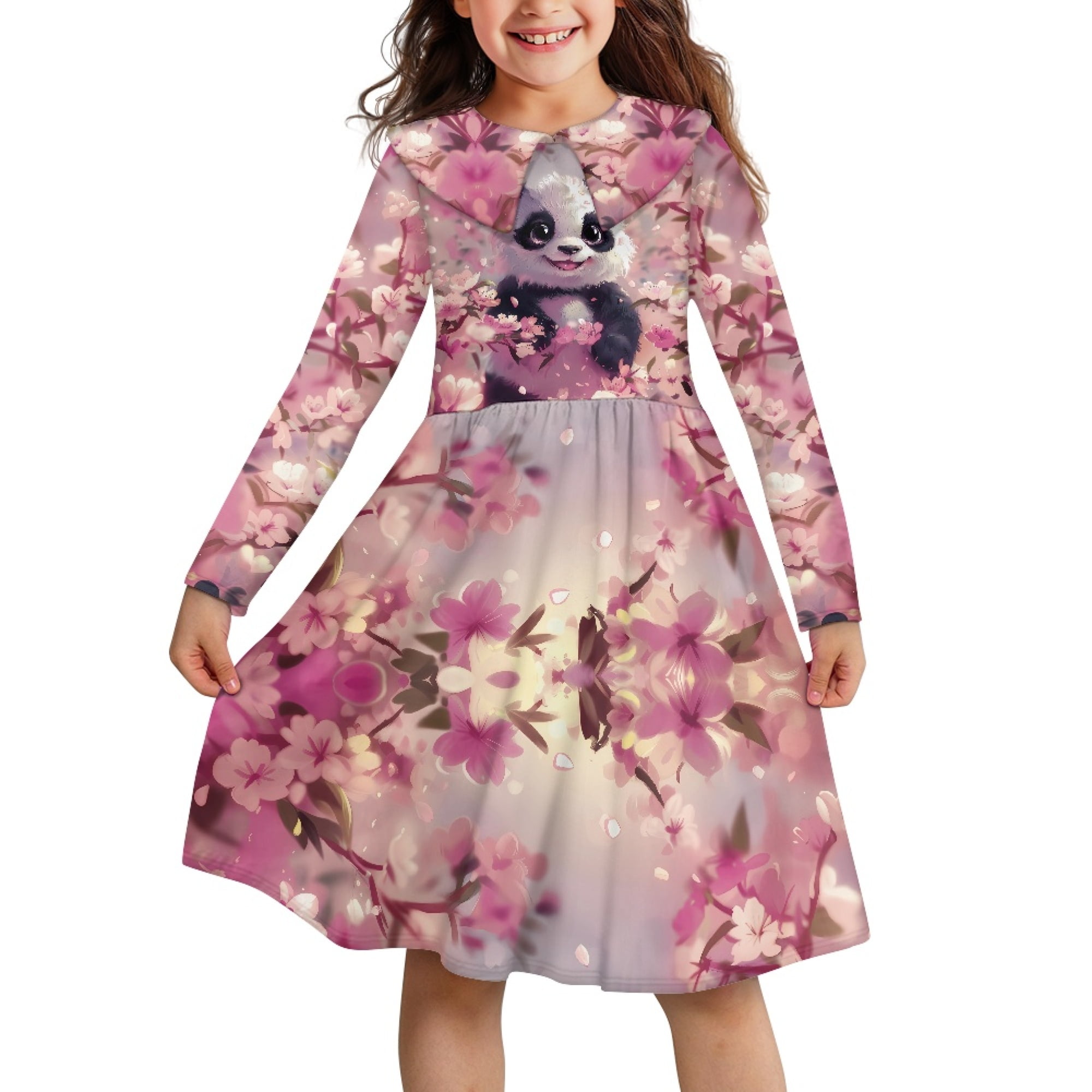 DISNIMO Cherry Blossom Dress for Kids Panda Dress for Girls Collared Long Sleeve Dress for Girls ...