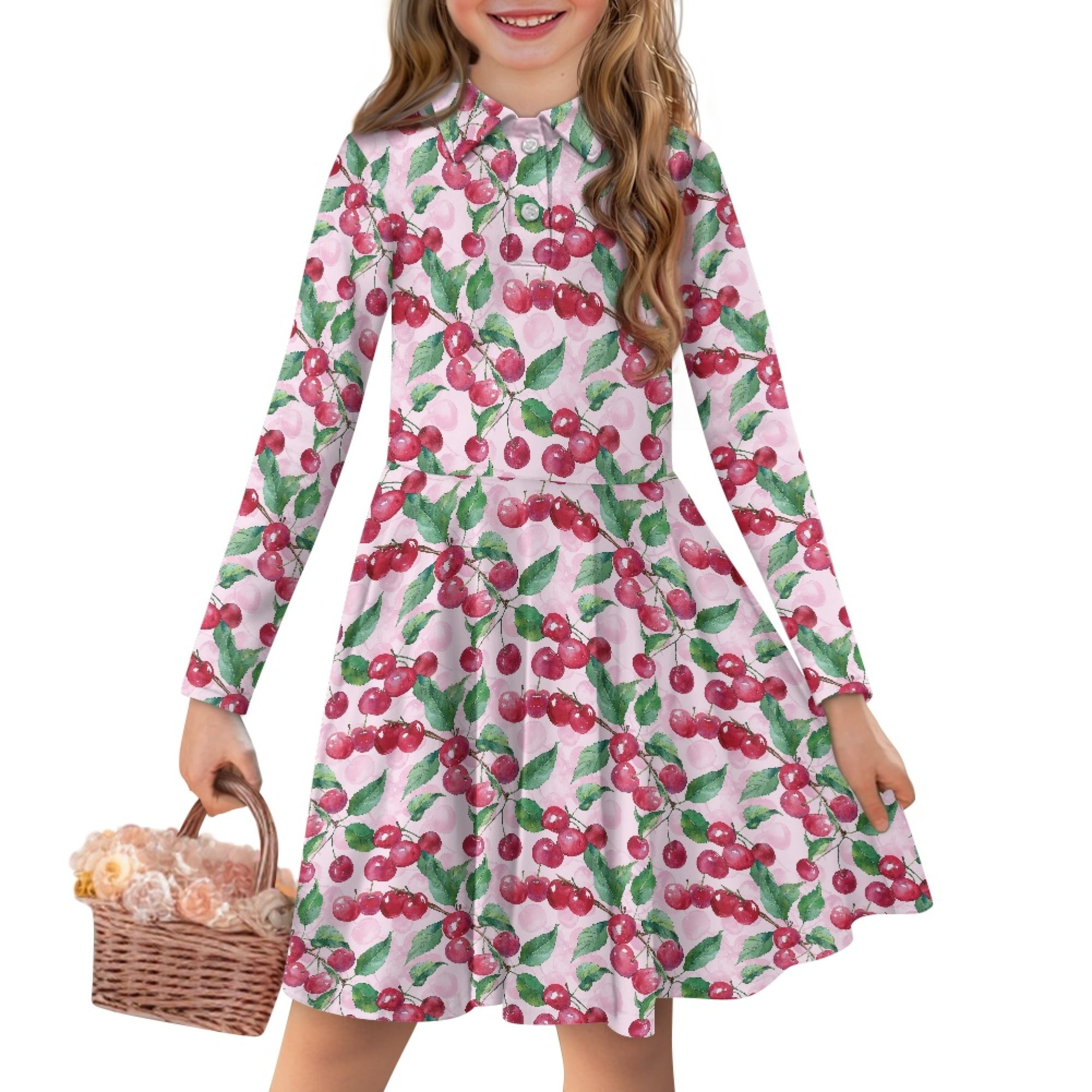 DISNIMO Cherry Dress Girls Twirl Dress Size 5-6 Dresses for Girls Matching Dresses Long Sleeve ...
