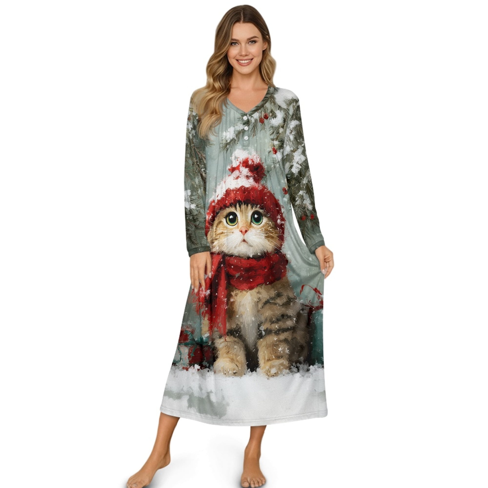 DISNIMO Christmas Cat Tree Print Women's Nightgown Soft Long Sleeve ...