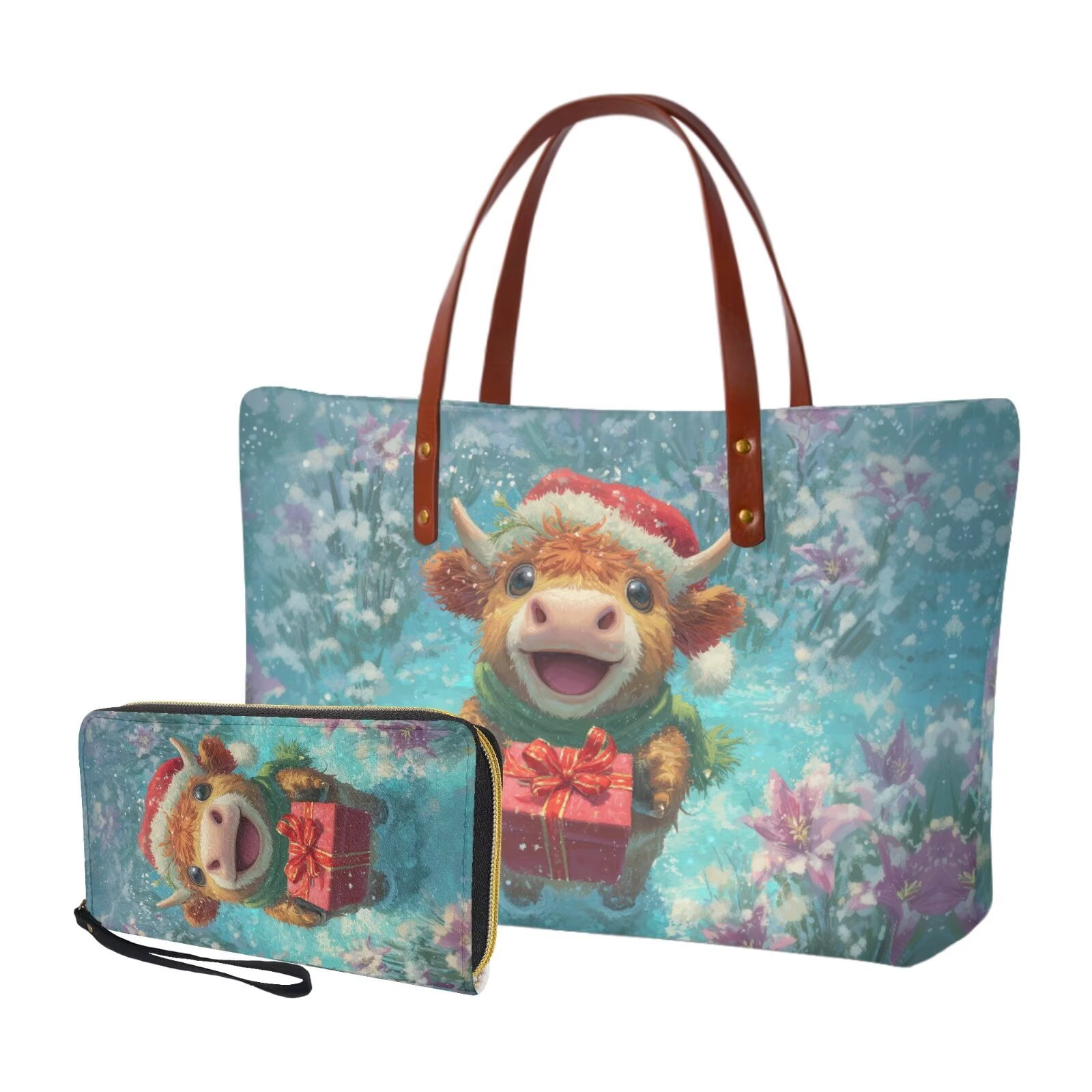 DISNIMO Christmas Women's Large Handbag and Wallet Set Highland Cow ...