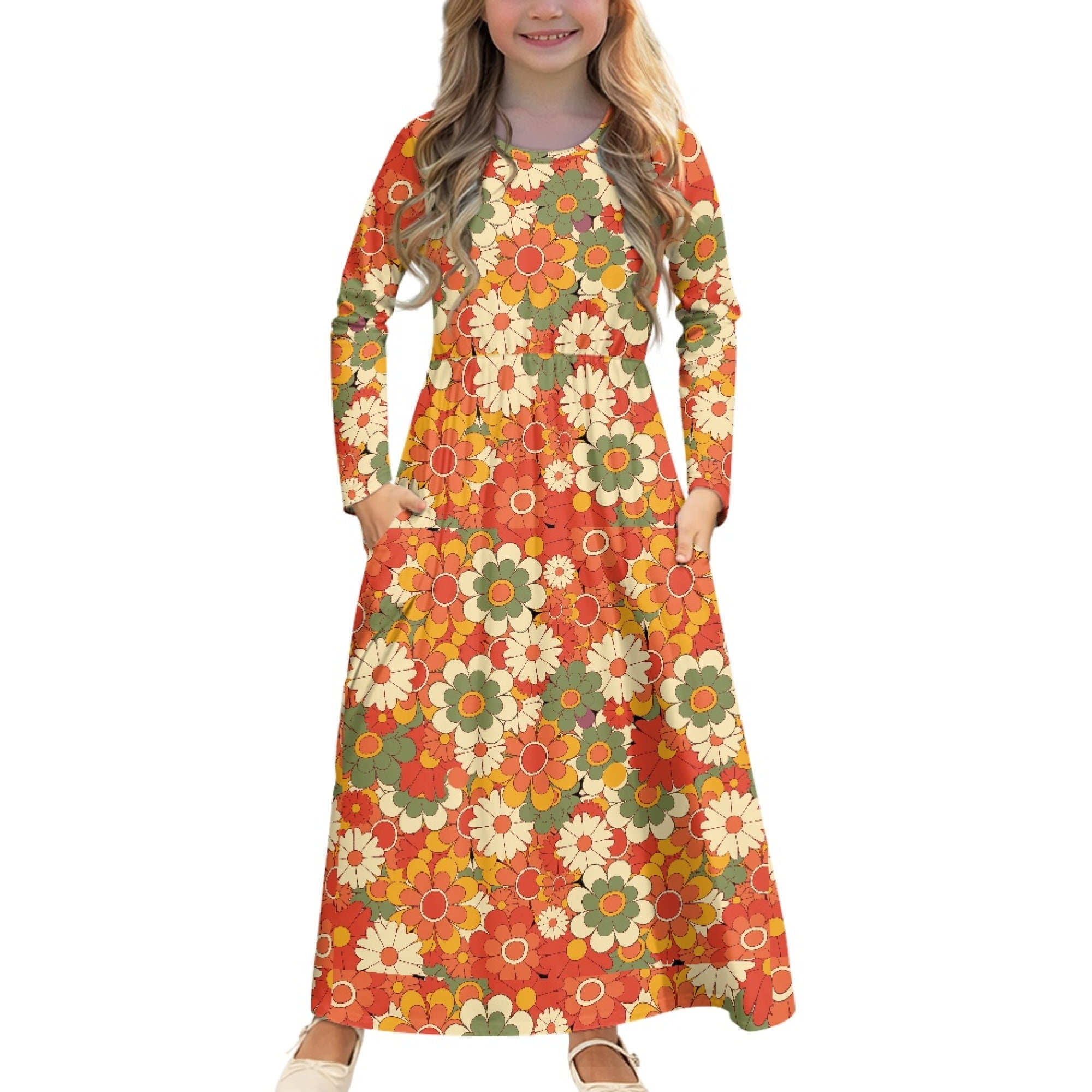 DISNIMO Colorful Flower Dress with Sleeves for Kids Dress with Long Sleeves And Pockets Girls ...