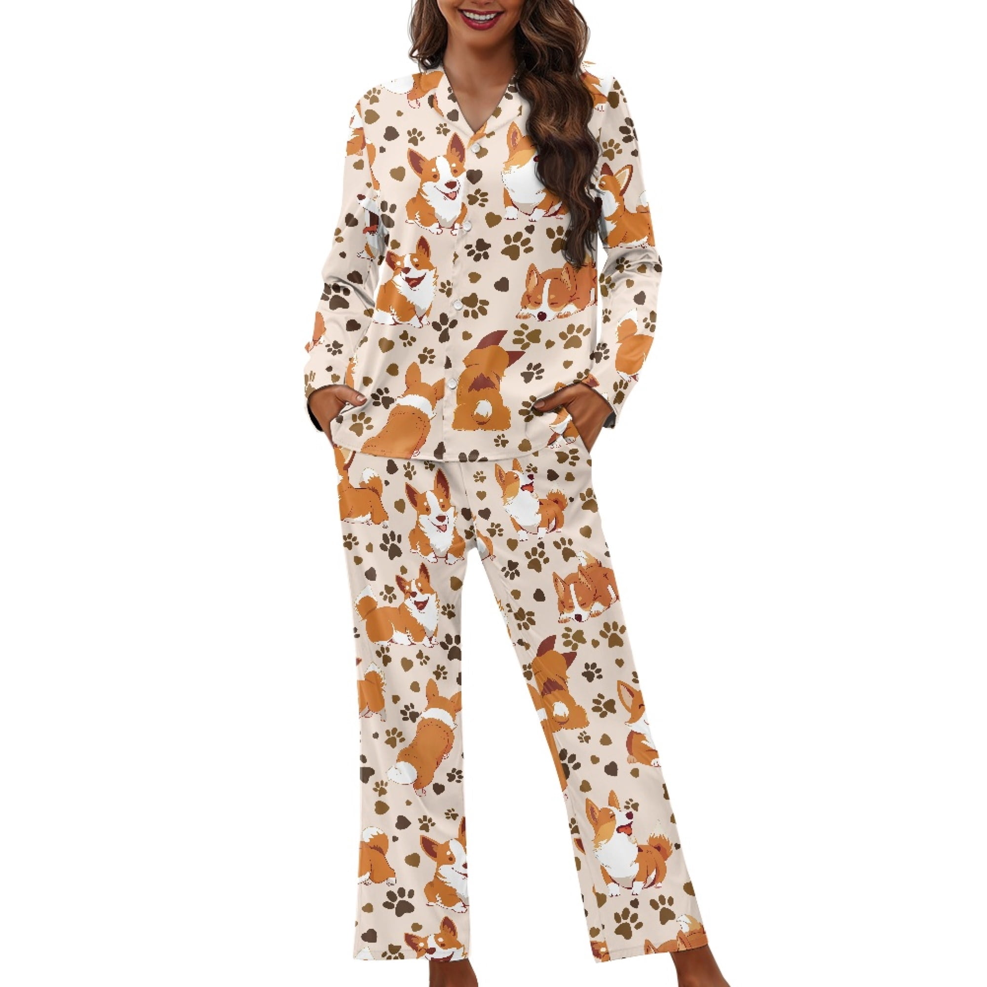 DISNIMO Corgi Paw Printed Women's 2 Piece Pajama Sets Long Sleeve ...