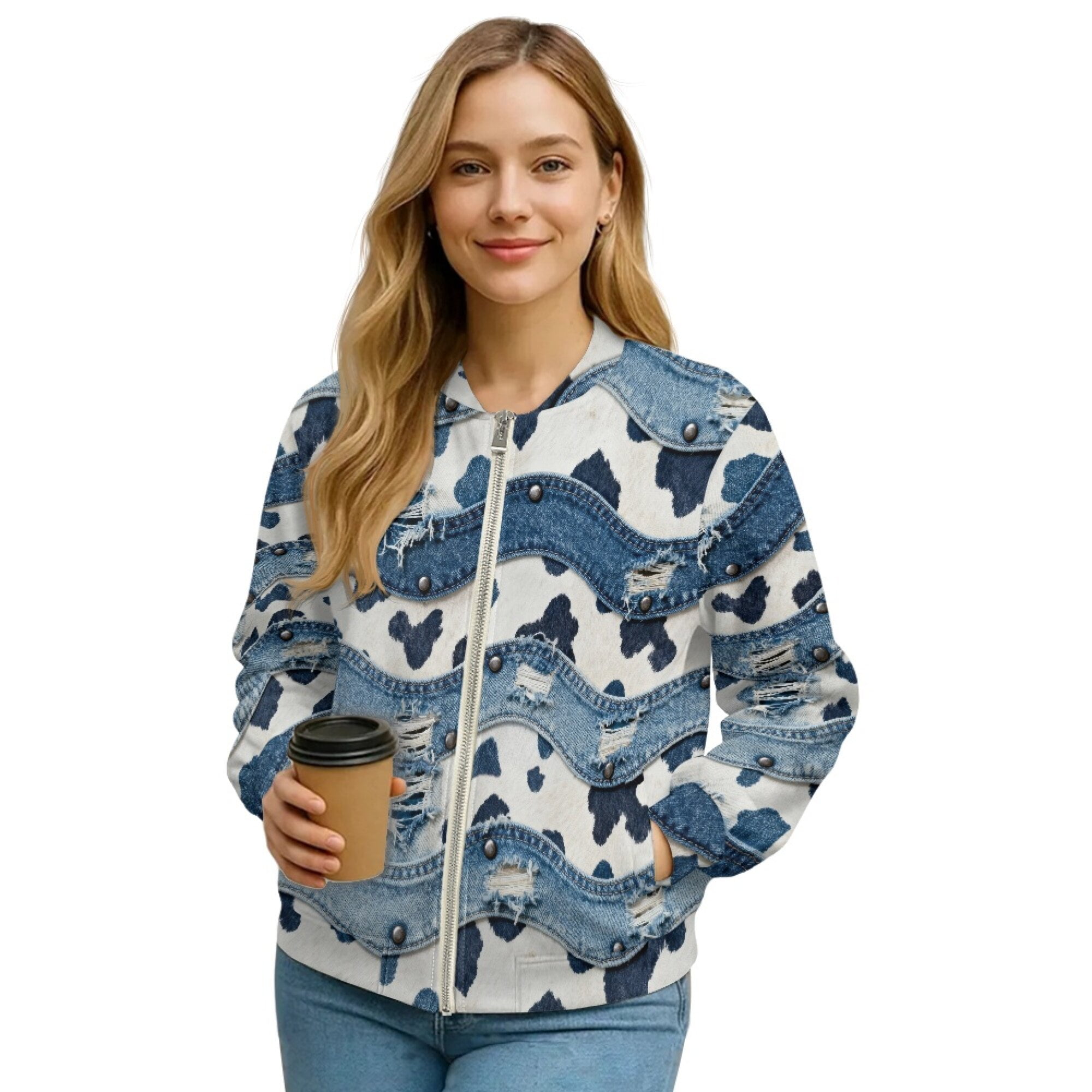 DISNIMO Cow Print Jackets for Women Zip Up Sweatshirts Long Sleeve ...