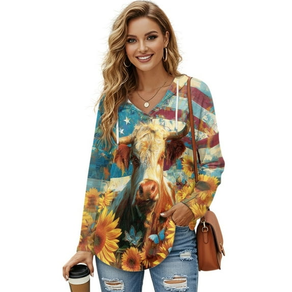 DISNIMO Cow Sunflower Printed Shirts for Women American Flag Printed ...