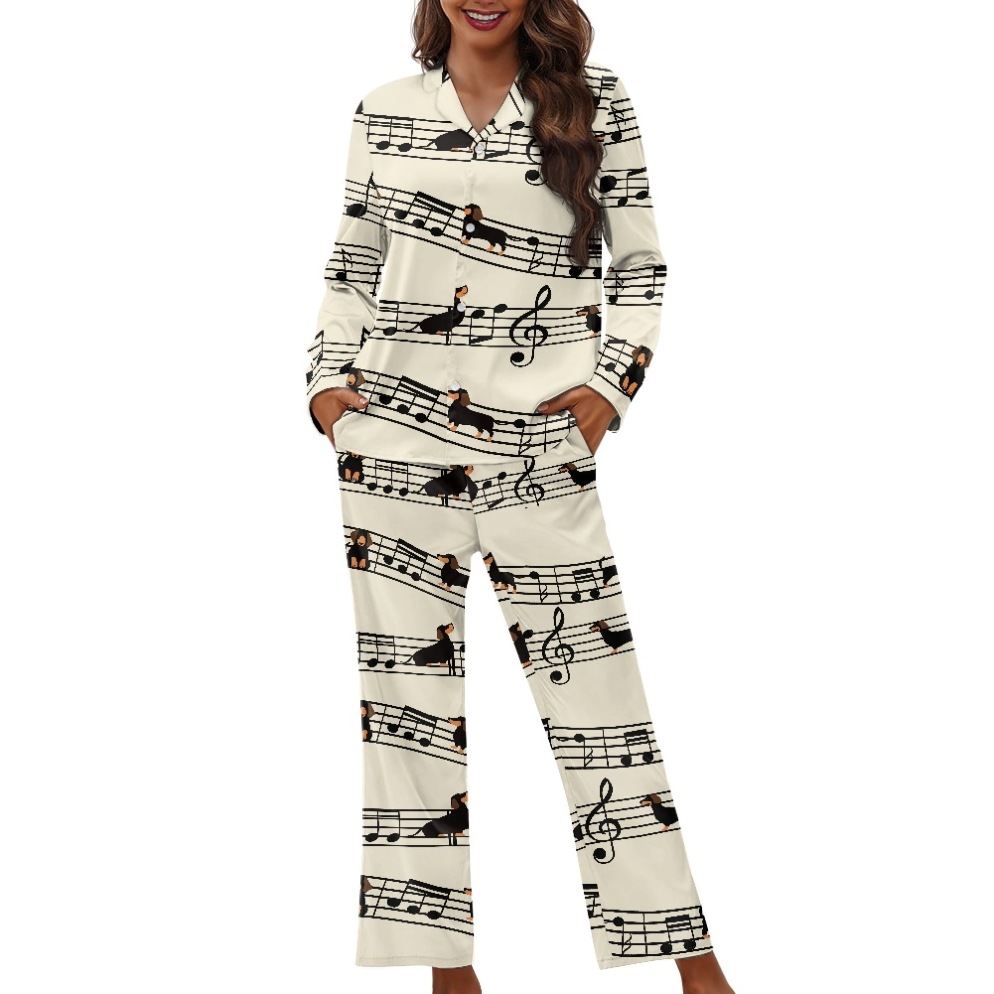 DISNIMO Dachshund Music Note Print Women 2 Piece Pajama Set Long Sleeve ...