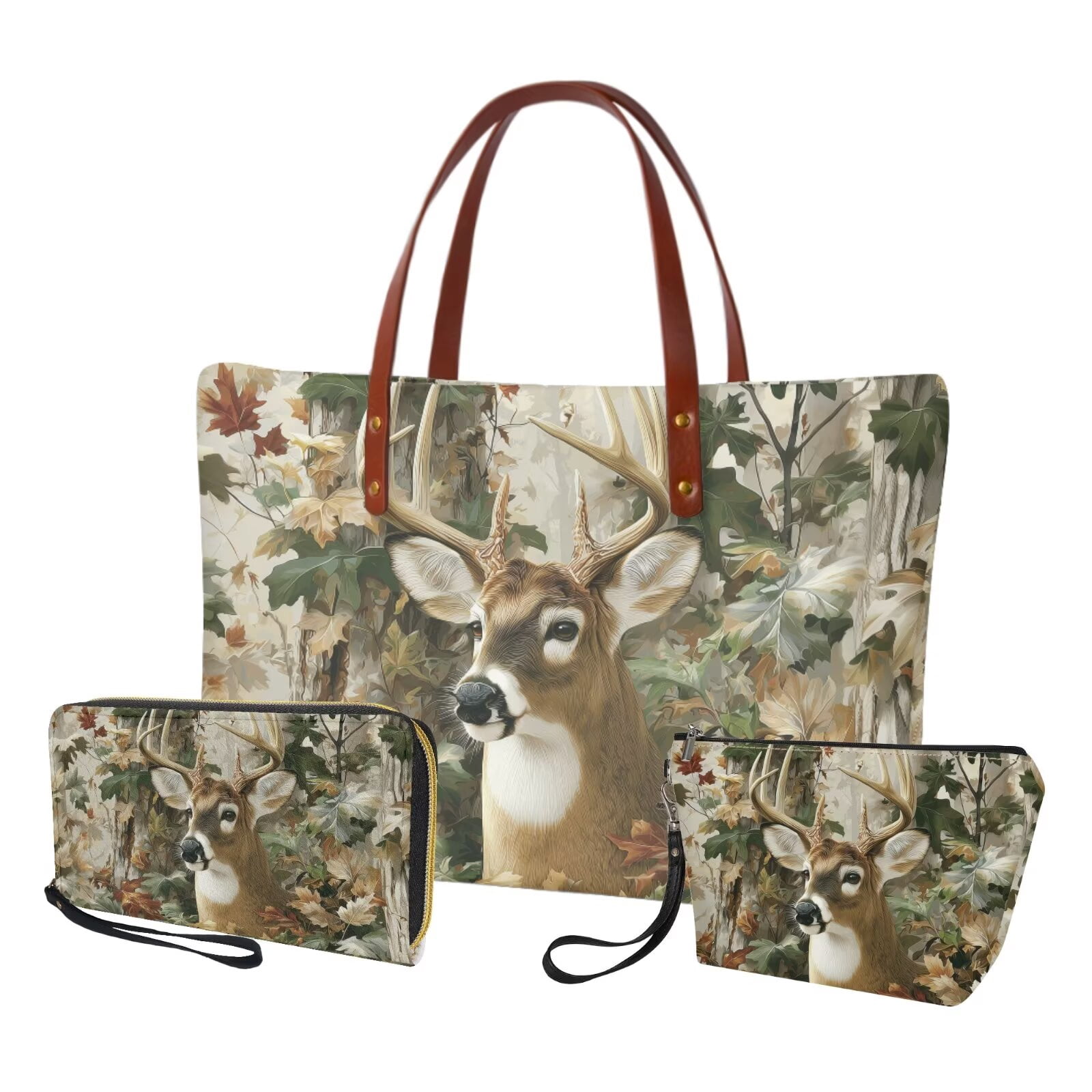 DISNIMO Deer Print Handbag Set of 3 Camo Hunting Forest Tote Bag Purse ...