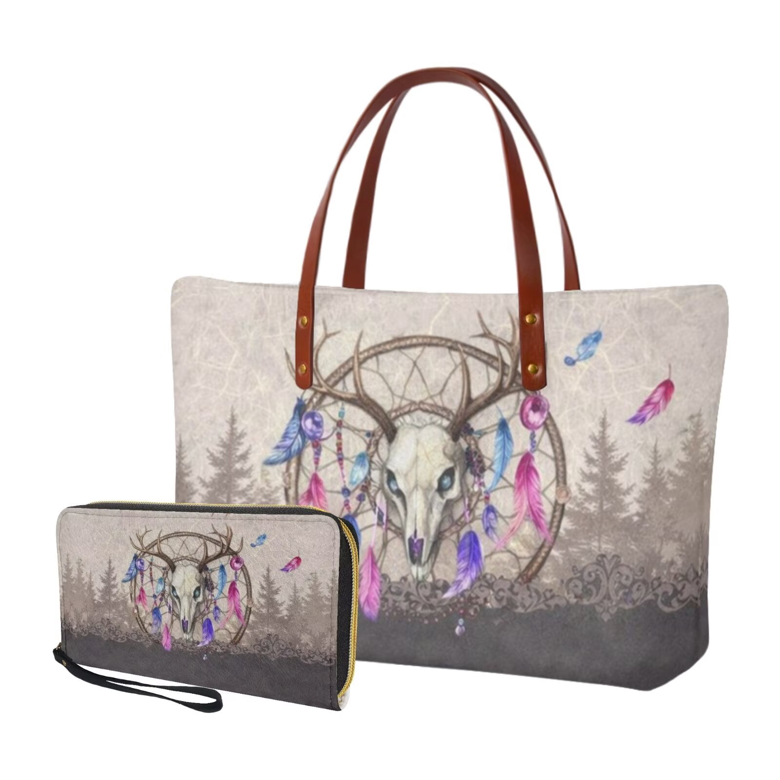 DISNIMO Deer Skull Print Handbag Set of 2 Dreamcatcher Print Tote ...