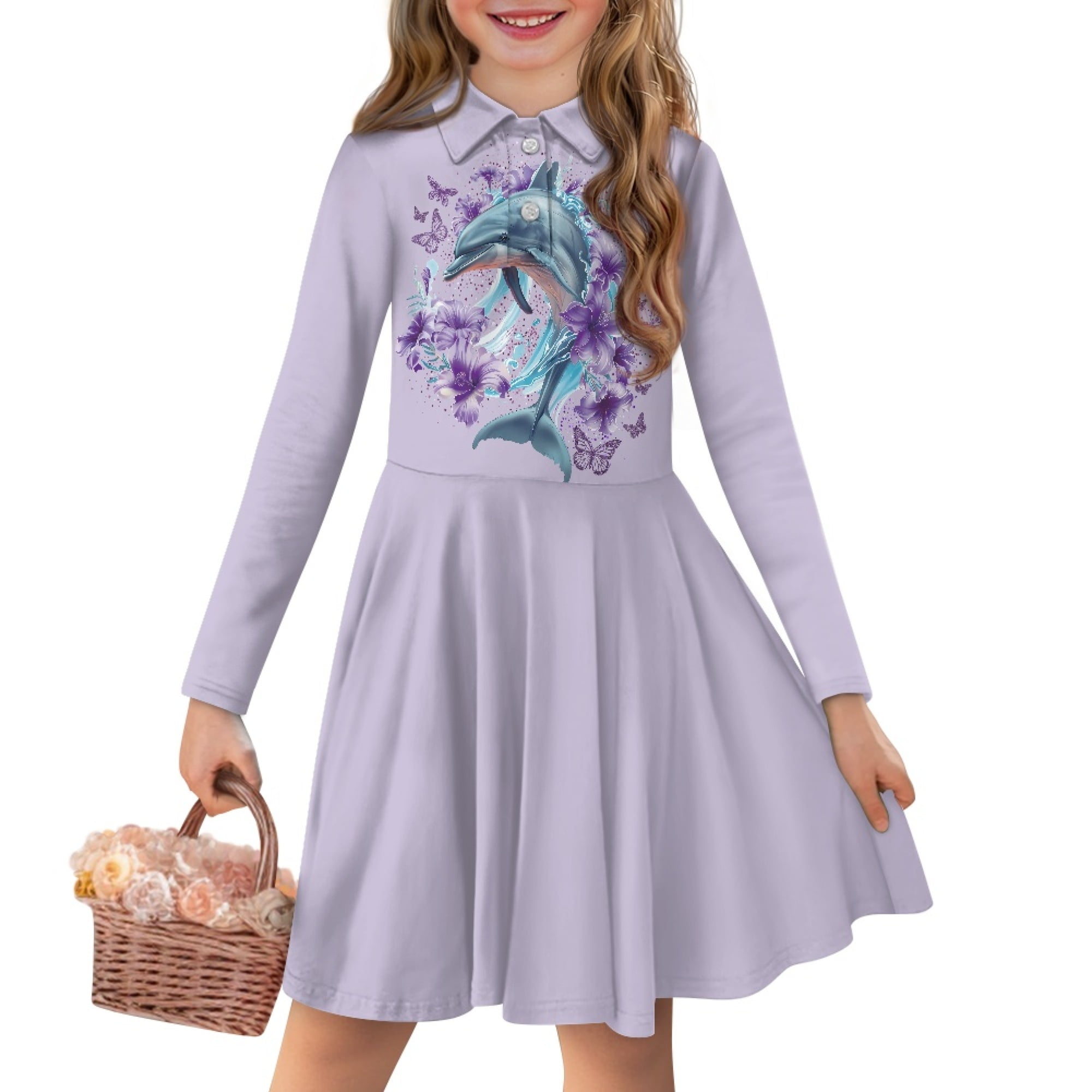 DISNIMO Dolphin Dress Long Sleeve Kids Butterfly Flower Dresses 13-14 Fall Skater Dress Girls ...