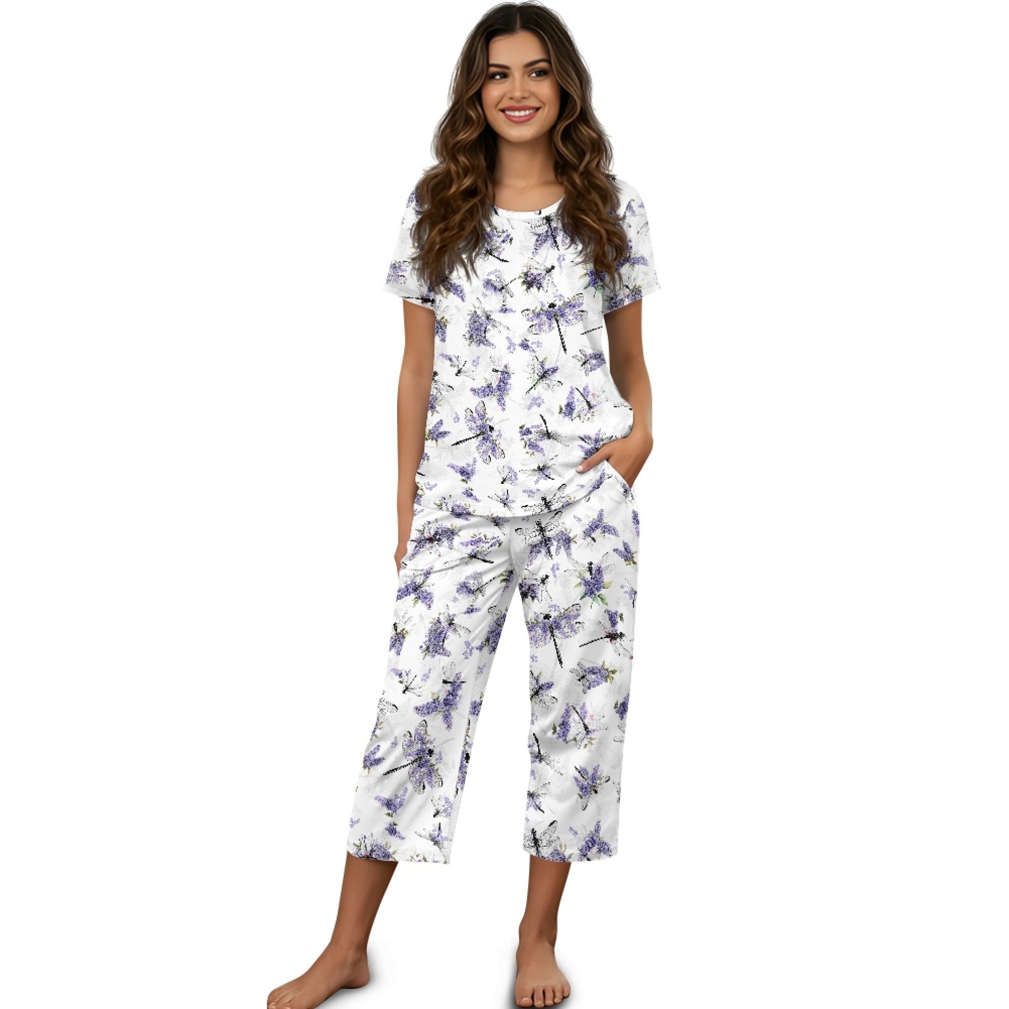 DISNIMO Dragonfly Flower Printed Women's Short Sleeve Pajama Sets Soft ...