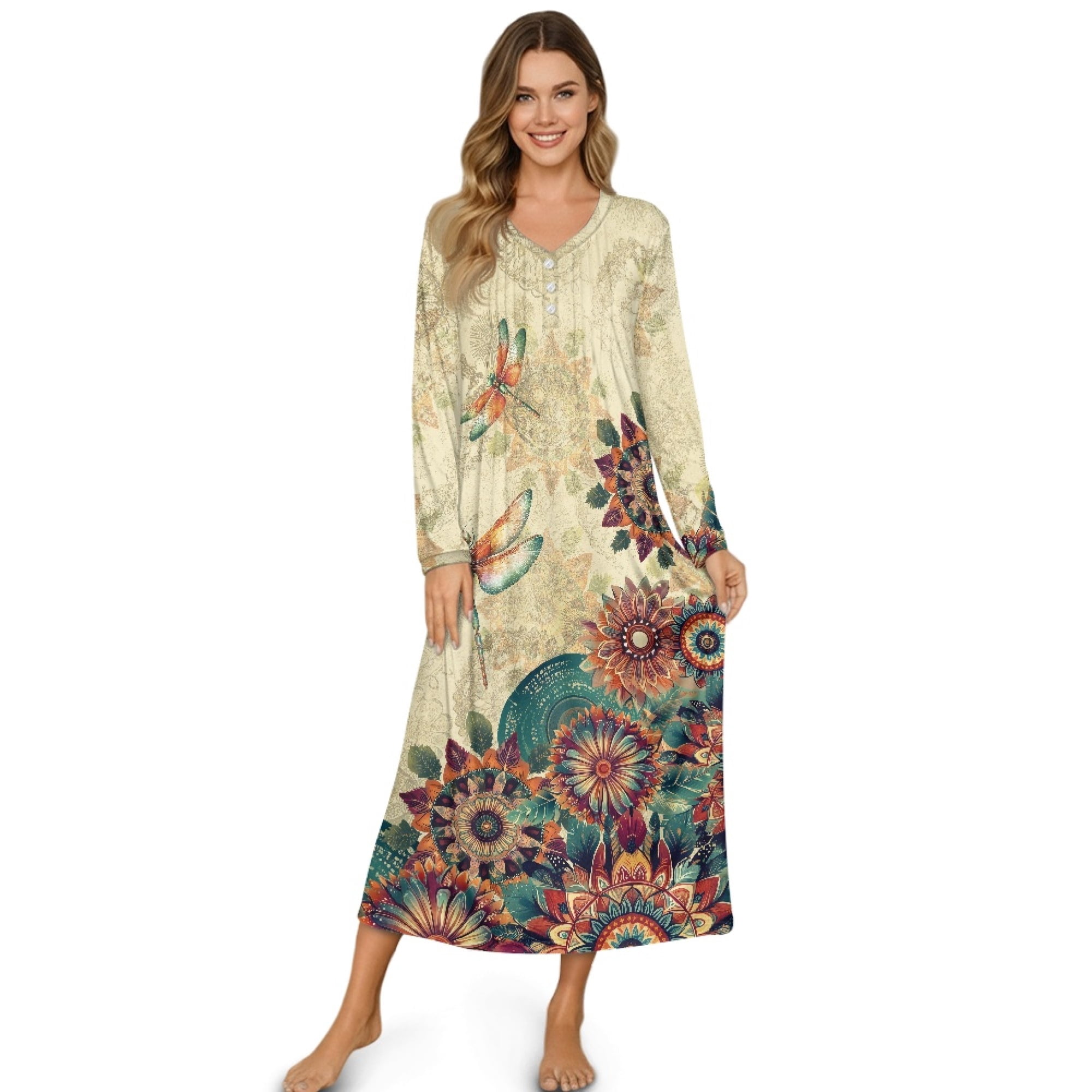 DISNIMO Dragonfly Mandala Flower Print Women's Nightgown Long Sleeve ...