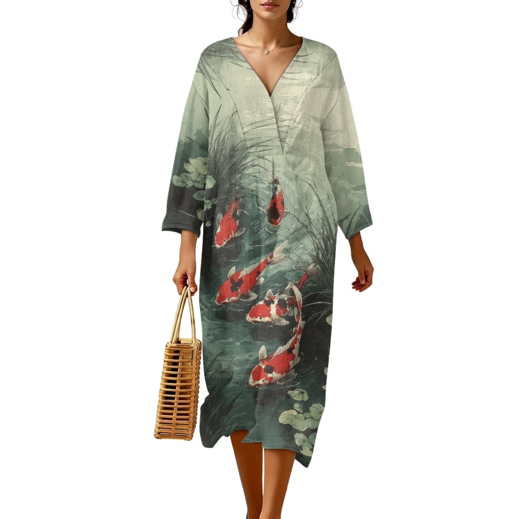 DISNIMO Dress for Women Fish Print Linen-Like 3/4 Sleeve Maxi Dresses ...