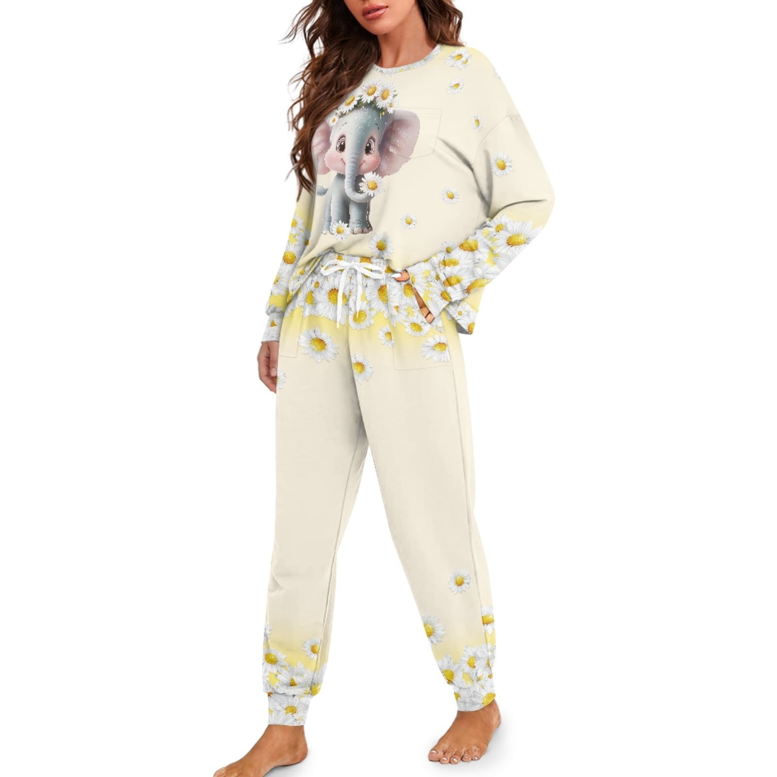 DISNIMO Elephant Daisy Print Women's Pajamas Set Soft Comfy Loungewear ...