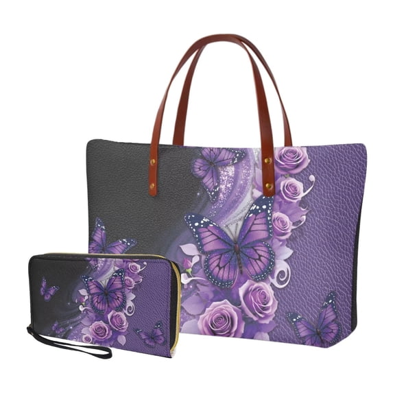 DISNIMO Fashion Handbag and Wallet Set Butterfly Rose Print Ladies ...