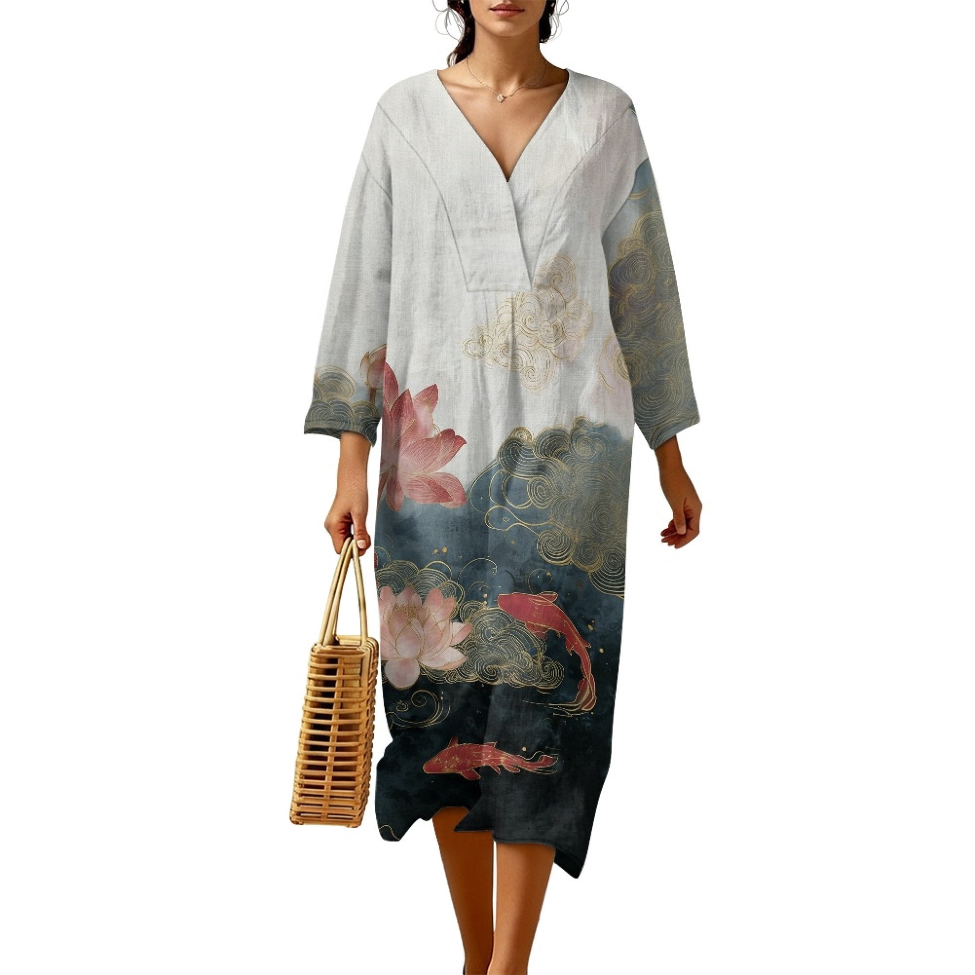 DISNIMO Fish Print Womens Casual Linen-Like Dress Ink Wash Painting ...