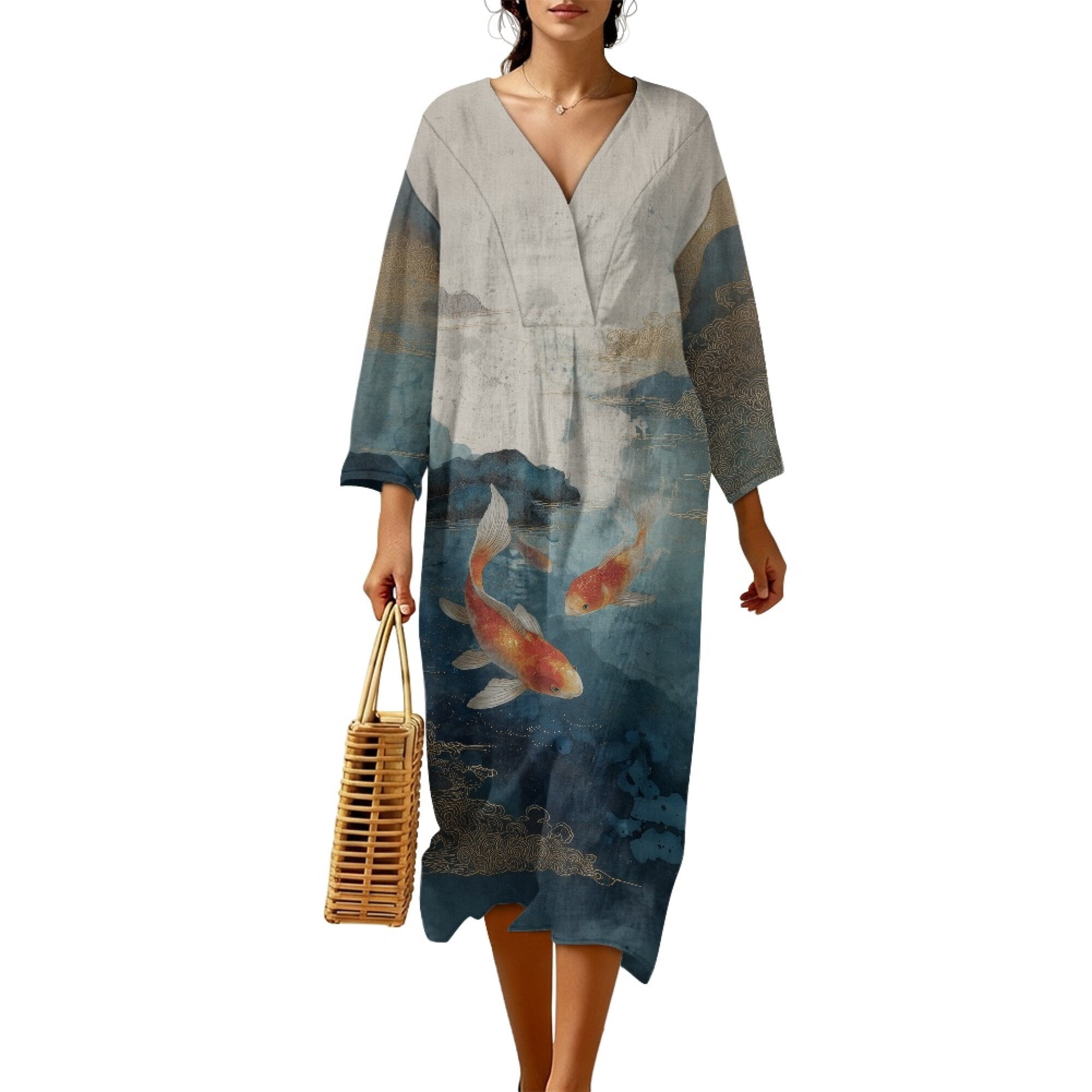 DISNIMO Fish Printed Women's Maxi Dresses V Neck Dress Fashion Long ...
