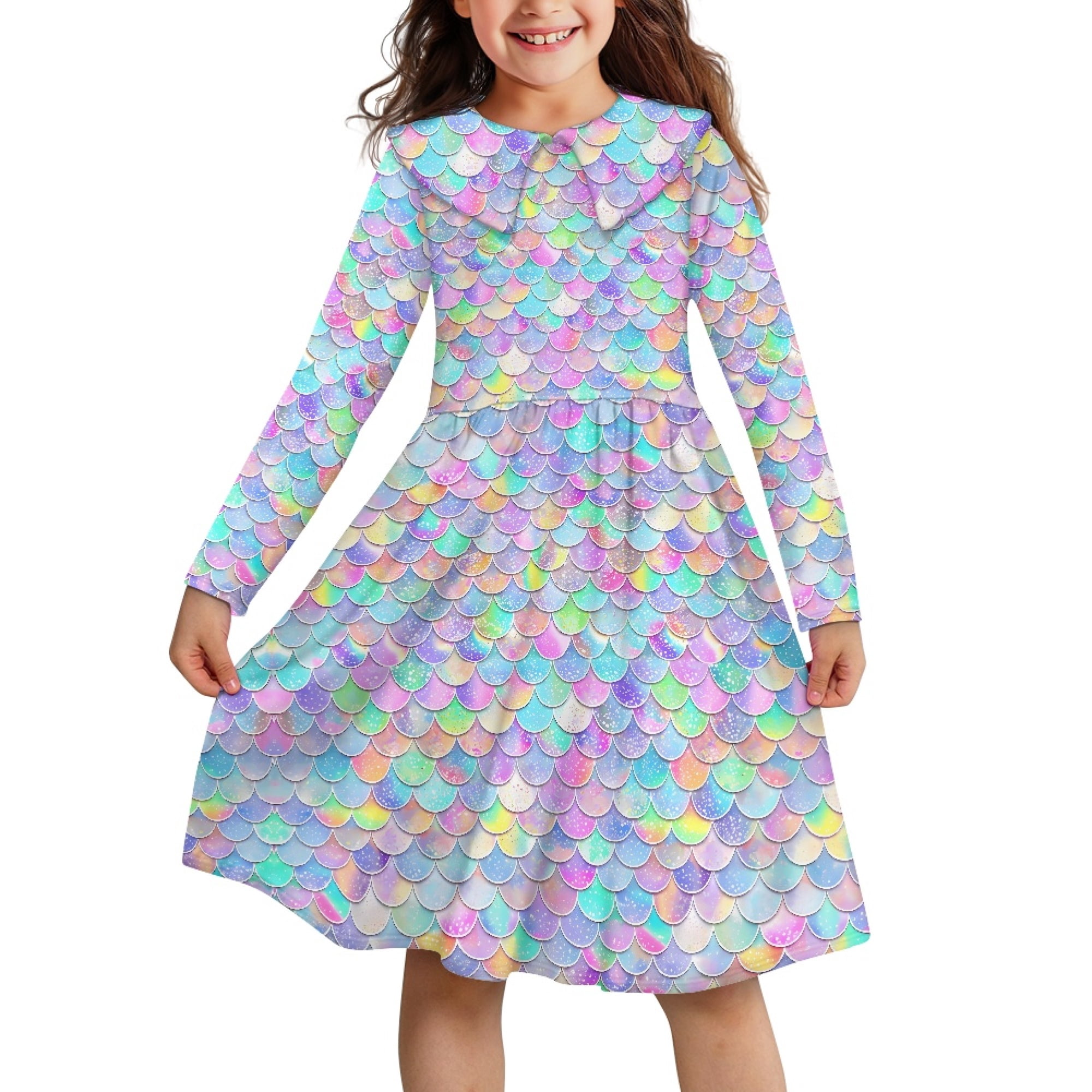 DISNIMO Fish Scale Dress Kids 5-6 Long Sleeve Collared Dresses Kids ...