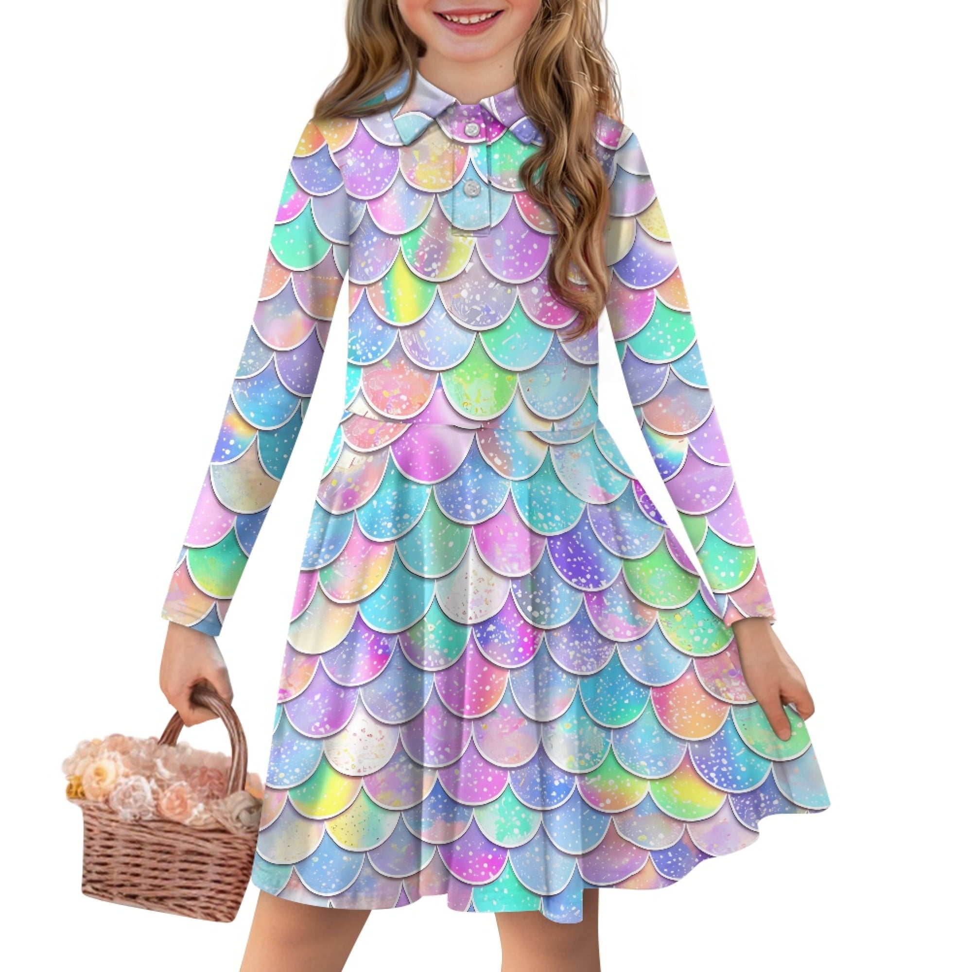 DISNIMO Fish Scale Dress Kids Girls Long Sleeve Twirly Dresses Size 5-6 ...