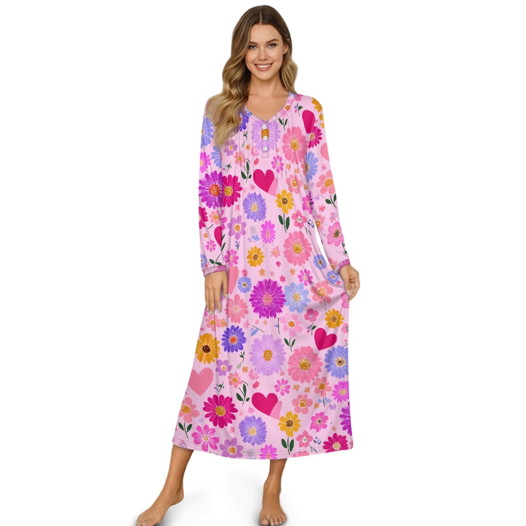 DISNIMO Floral Heart Print Womens Sleepwear Long Sleeve Nightgown Soft ...