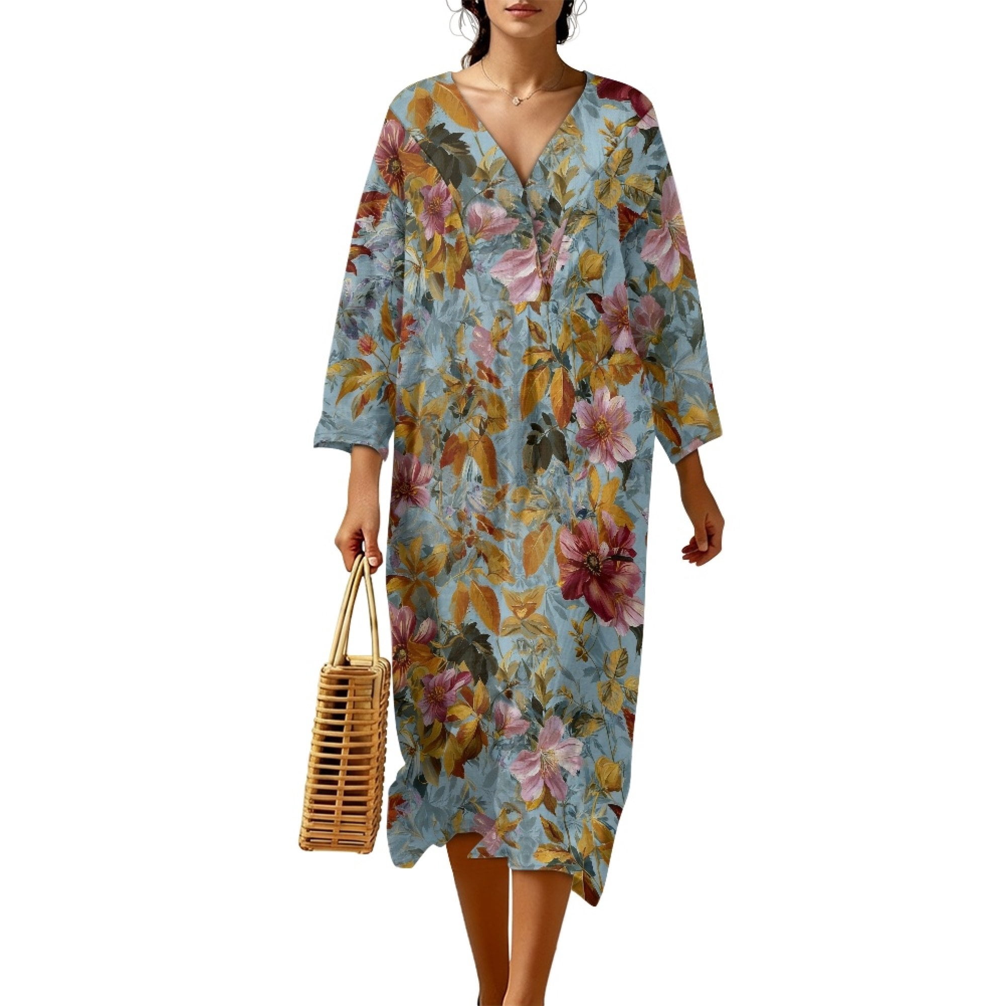 DISNIMO Floral Print Dress for Women V-Neck Midi Dress Casual Loose ...