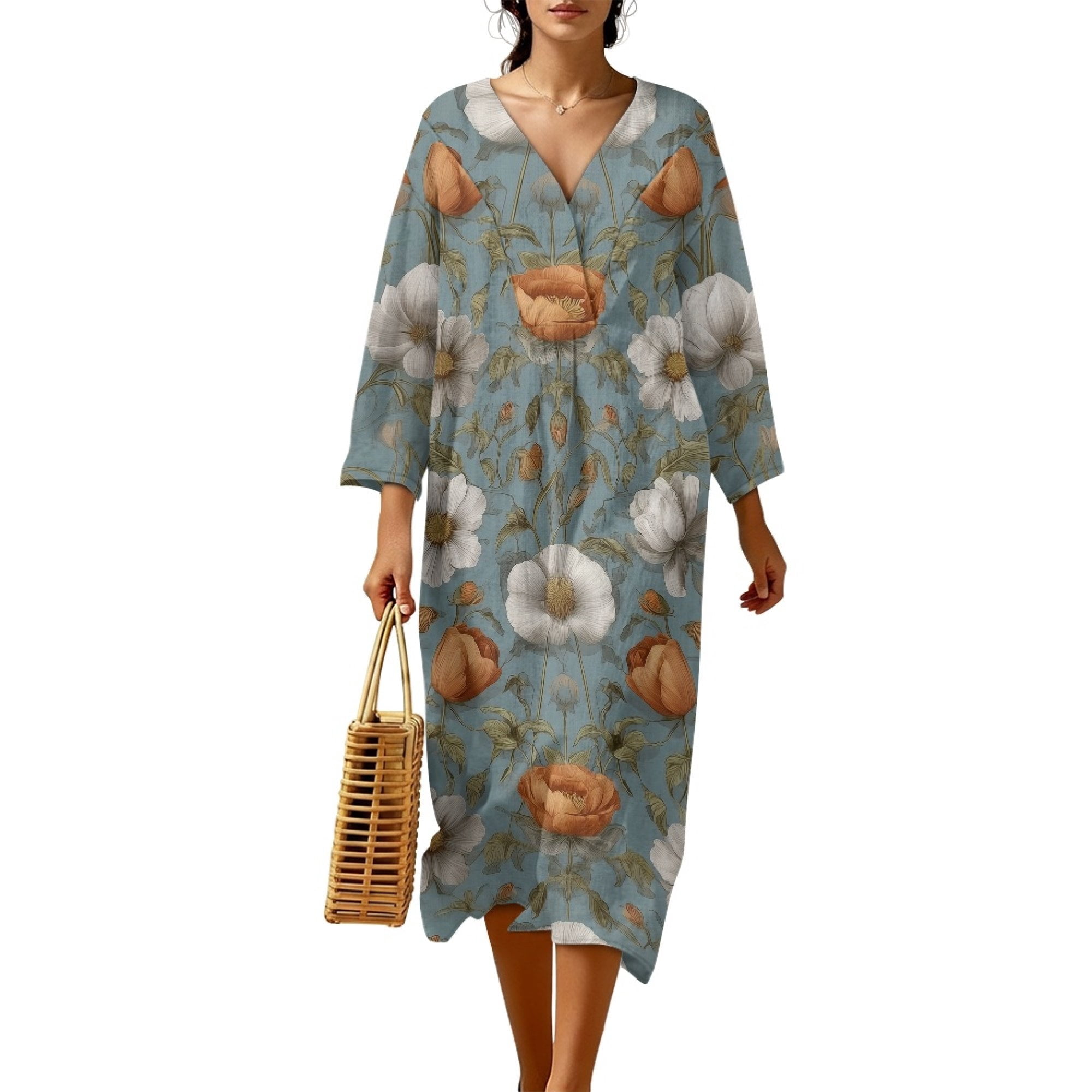 DISNIMO Floral Print Dresses for Women Casual 3/4 Sleeve Maxi Dress V ...