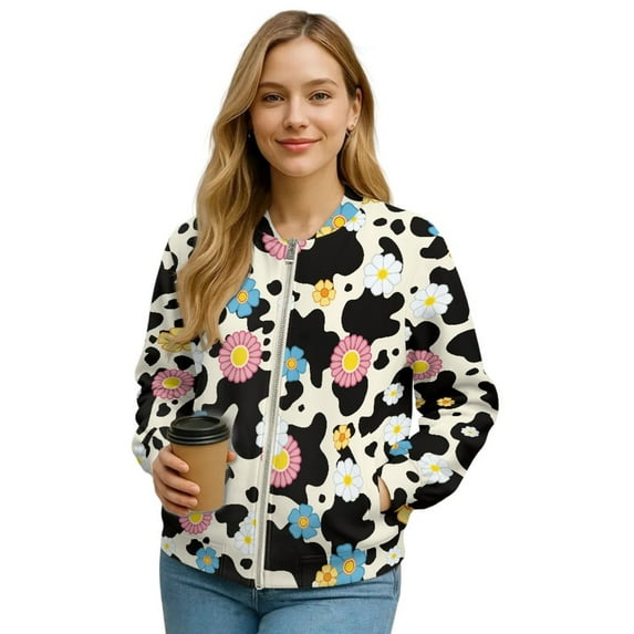 DISNIMO Floral Printed Jackets for Women Cow Print Sweatshirts Zip Up ...
