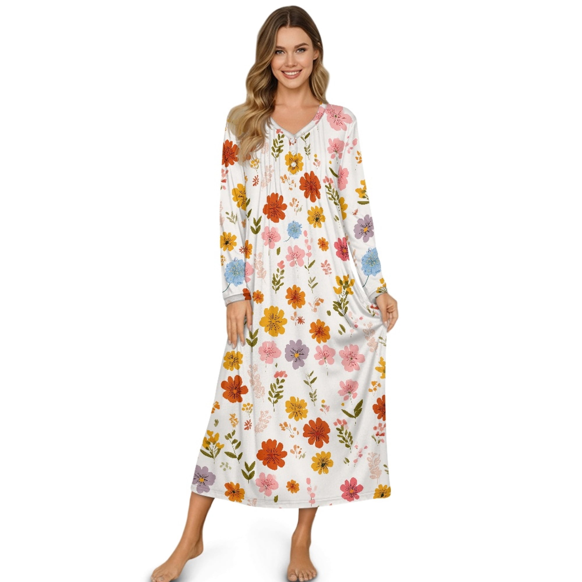 DISNIMO Floral Printed Nightgowns for Women Soft Sleepwear Long Sleeve ...
